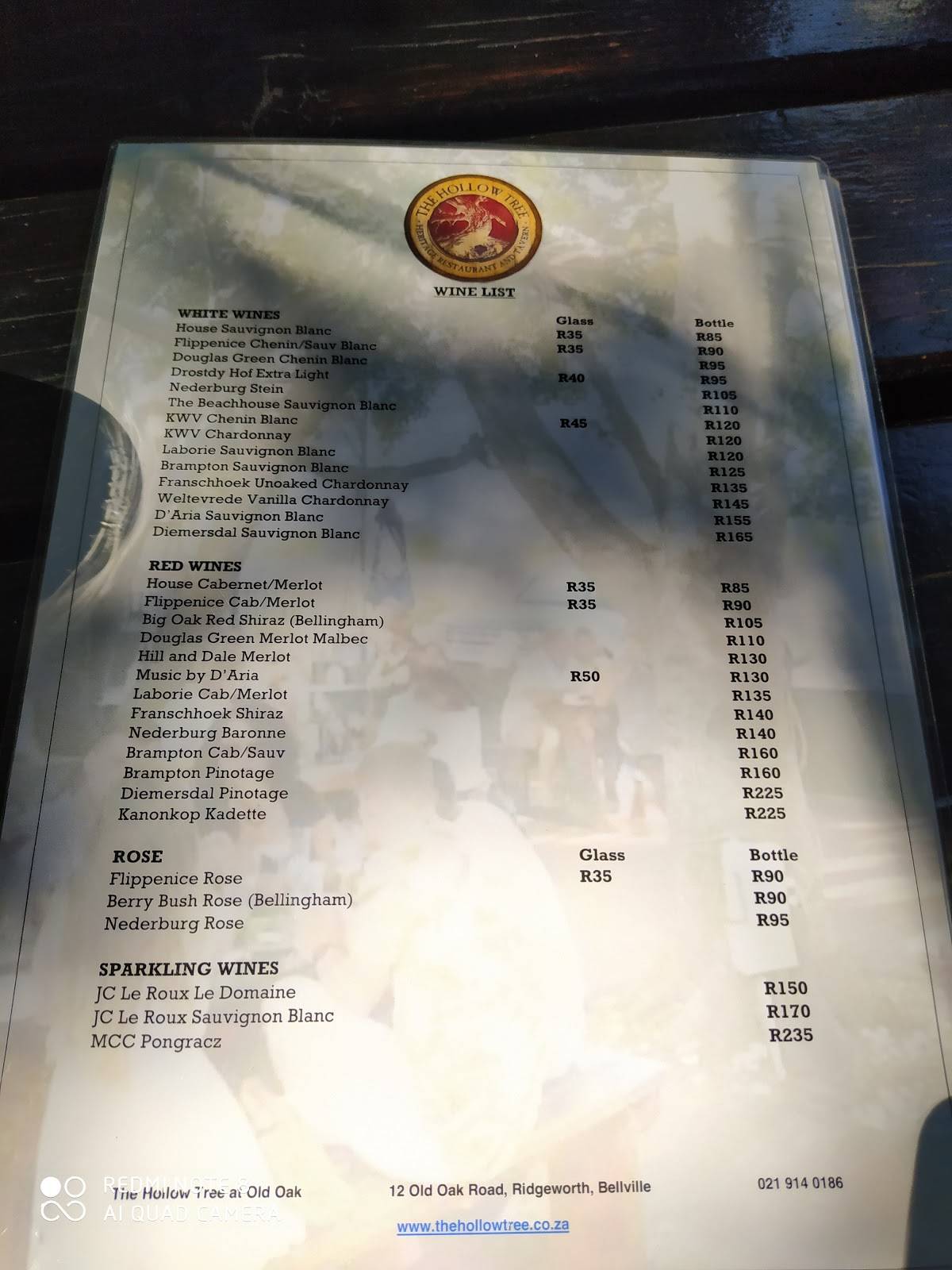 Menu at The Hollow Tree at Old Oak restaurant, Cape Town, 12 Old Oak Rd