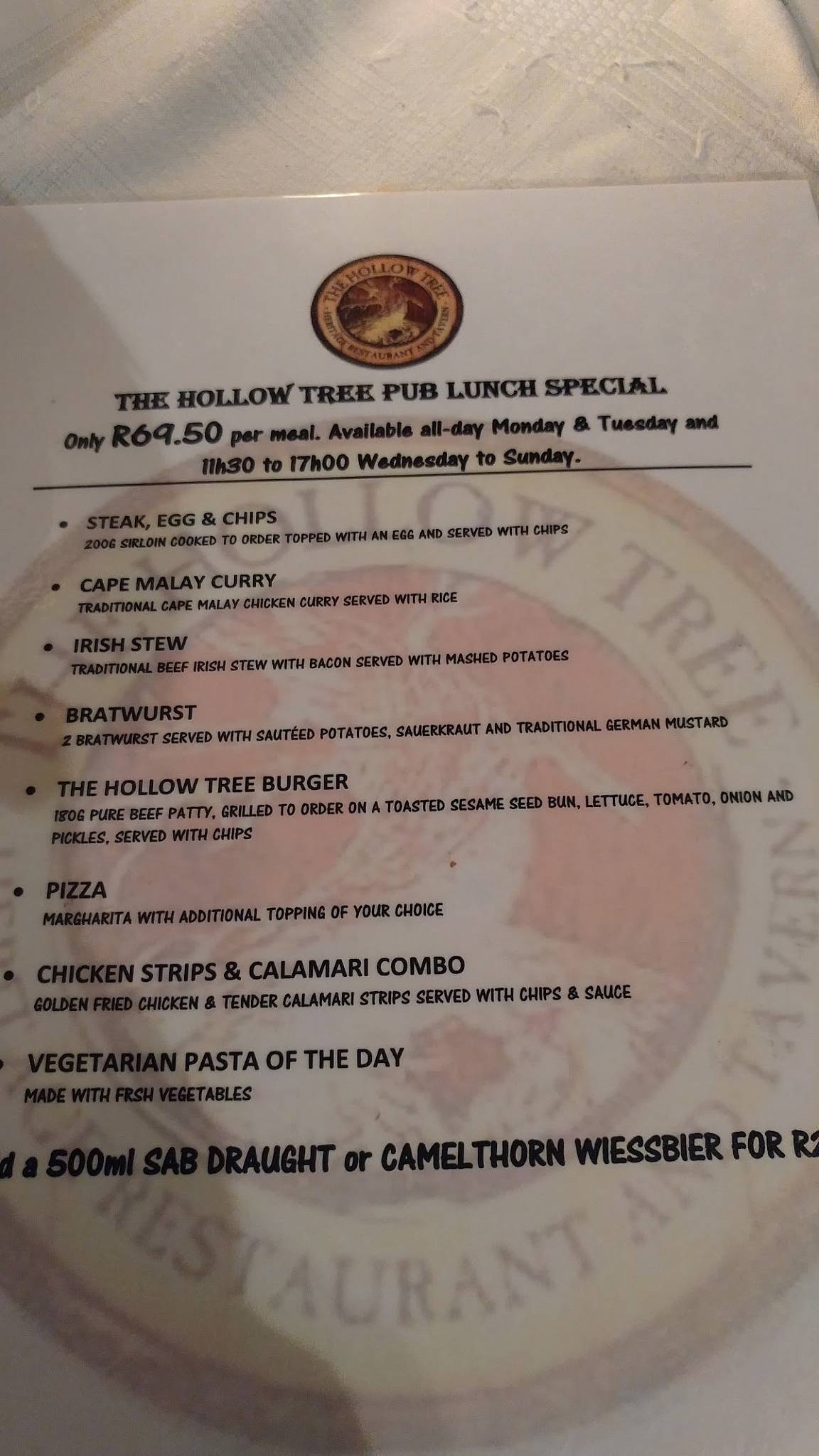 Menu at The Hollow Tree at Old Oak restaurant, Cape Town, 12 Old Oak Rd