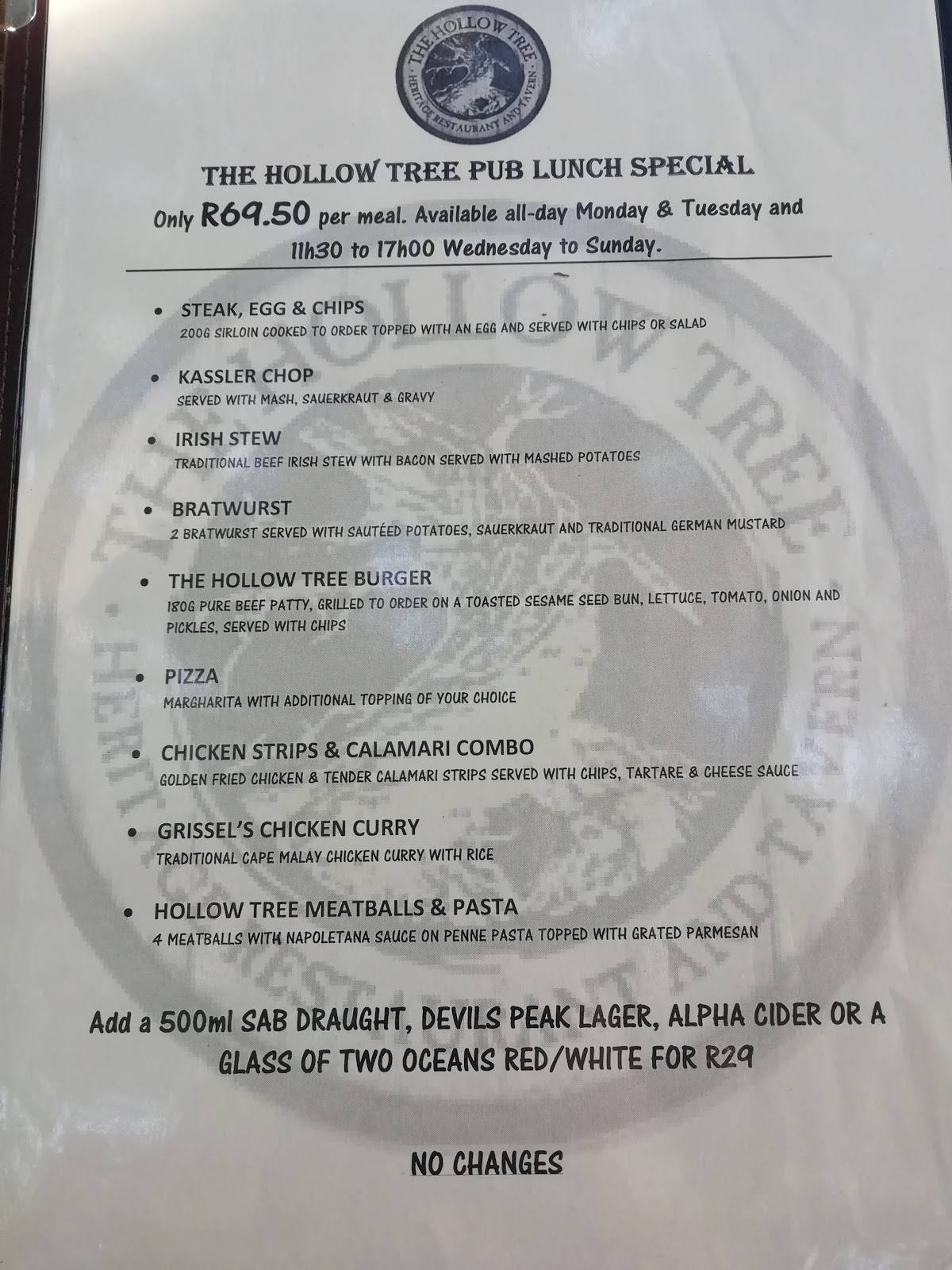 Menu at The Hollow Tree at Old Oak restaurant, Cape Town, 12 Old Oak Rd