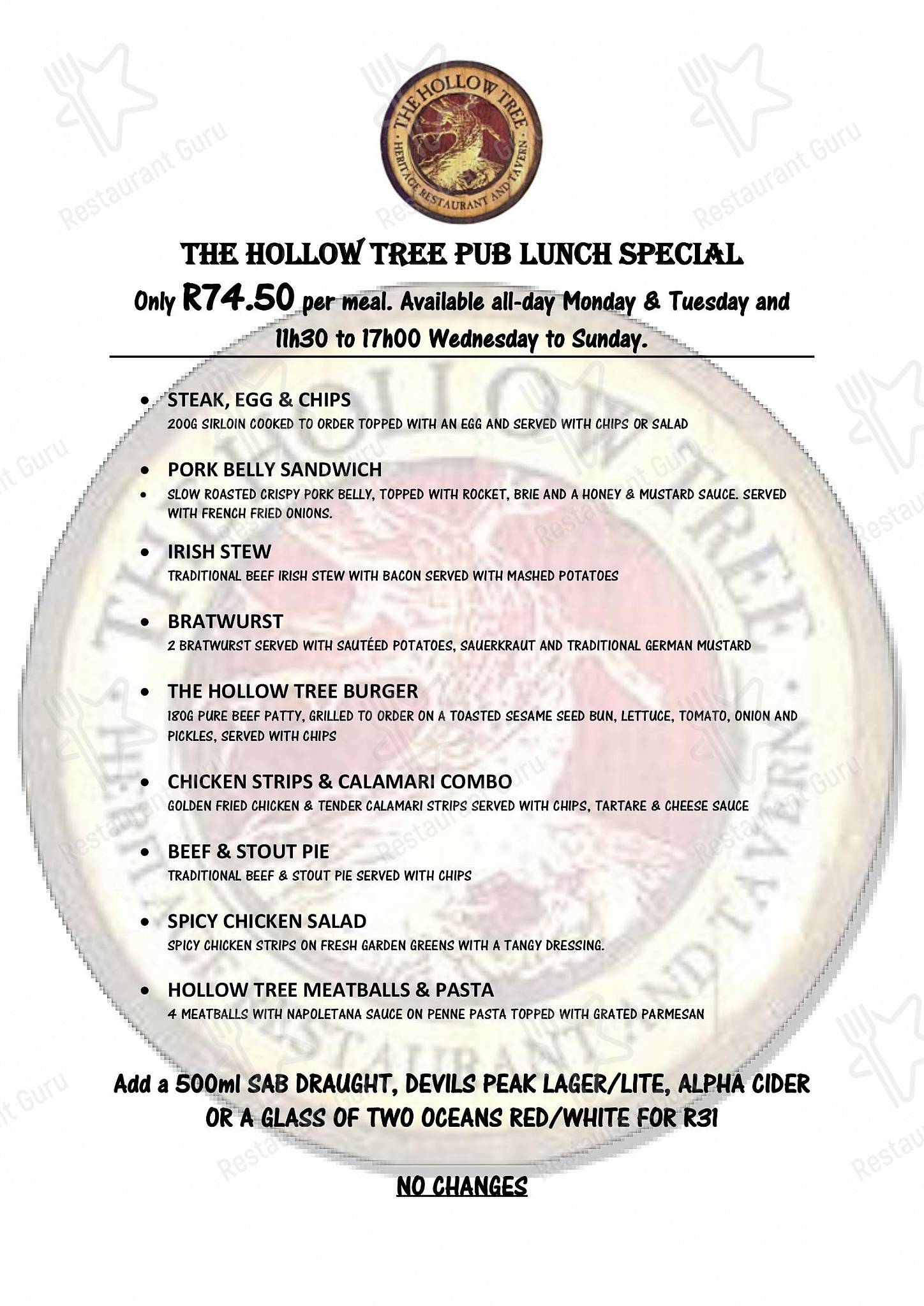 Menu at The Hollow Tree at Old Oak restaurant, Cape Town, 12 Old Oak Rd