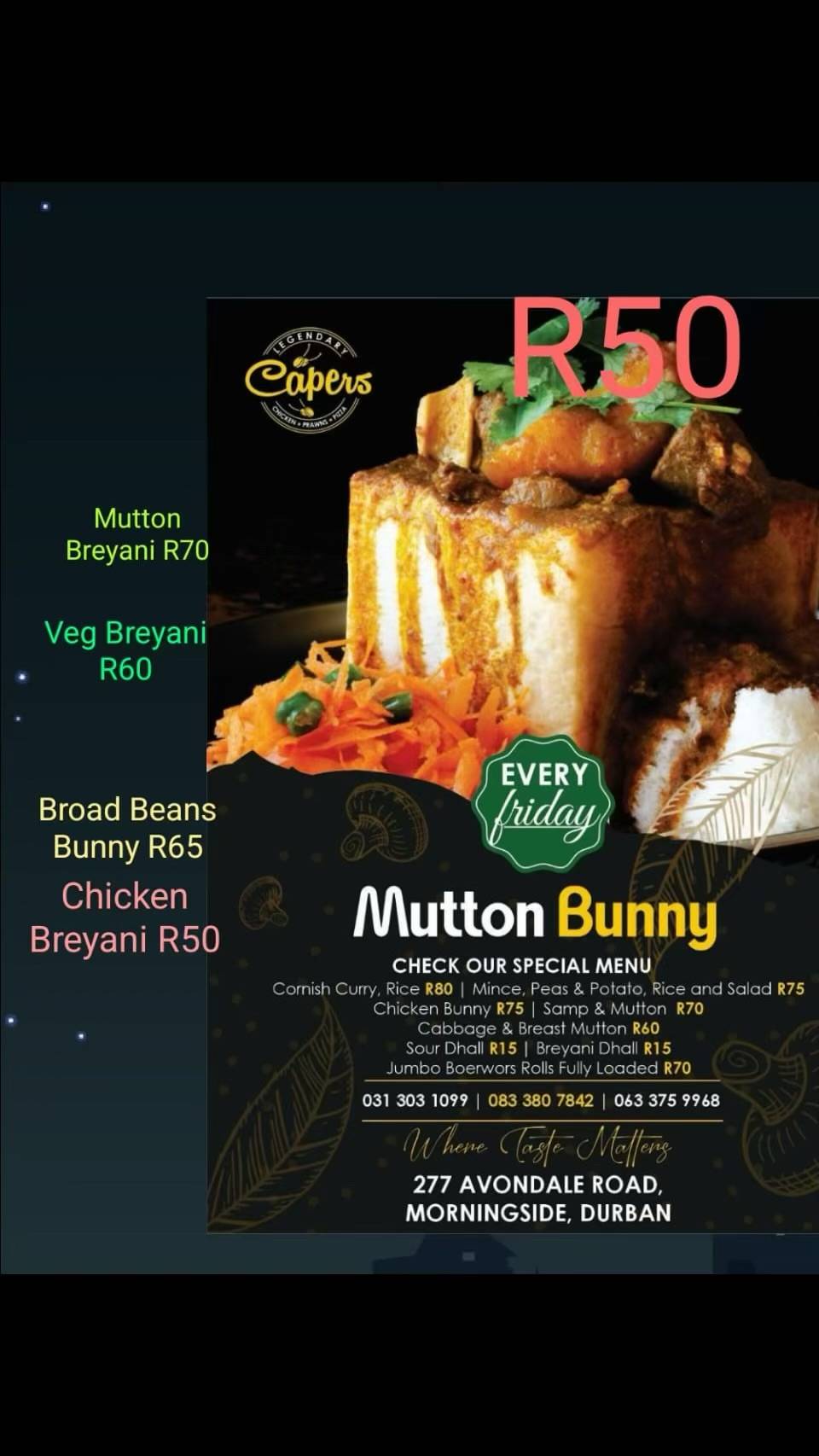 Menu at Capers Restaurant and Sports Bar, Durban