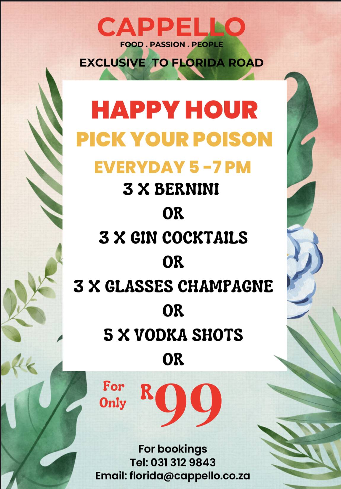 Menu at Cappello Florida Road restaurant, Durban, 206 Florida Rd