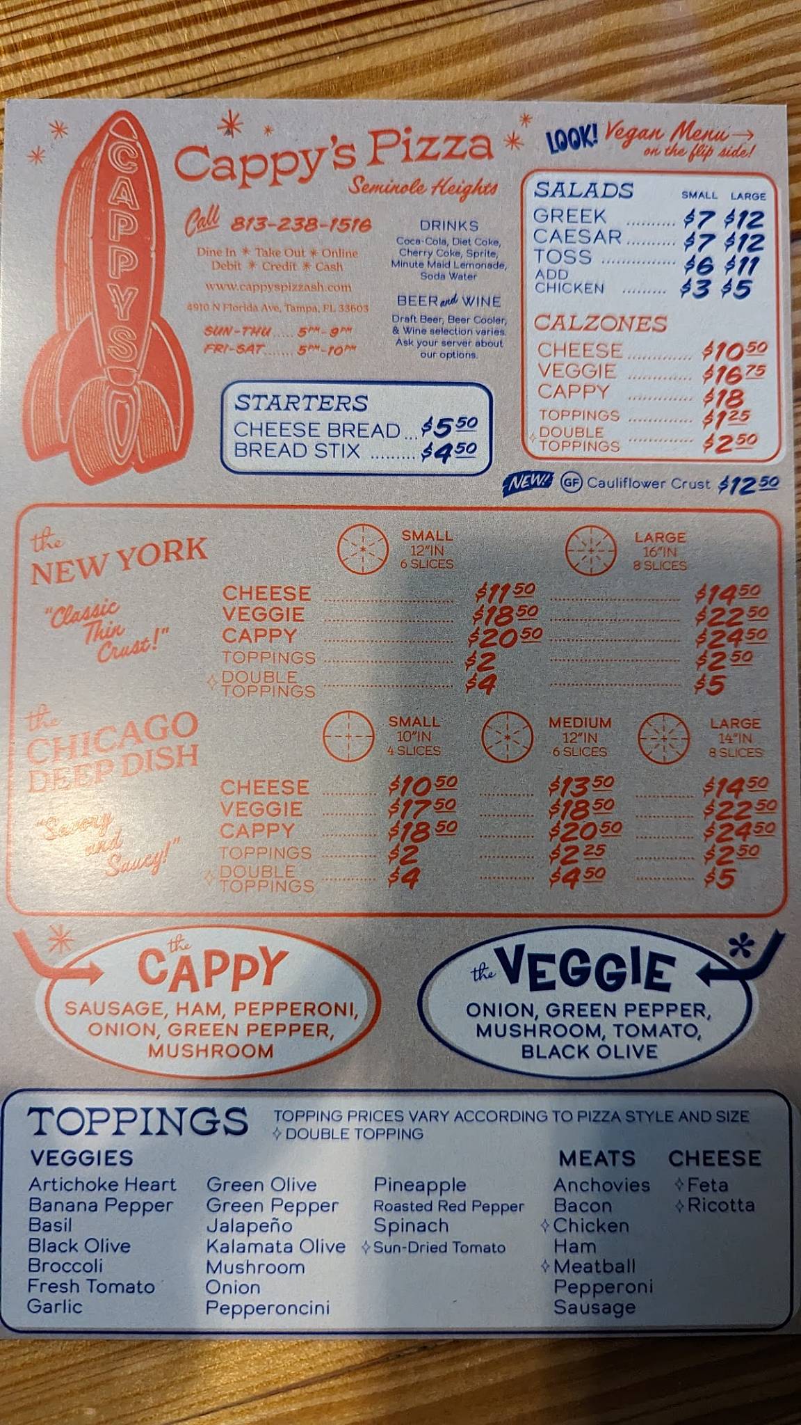 Menu at Cappys Pizza Seminole Heights pizzeria, Tampa, N Florida Ave