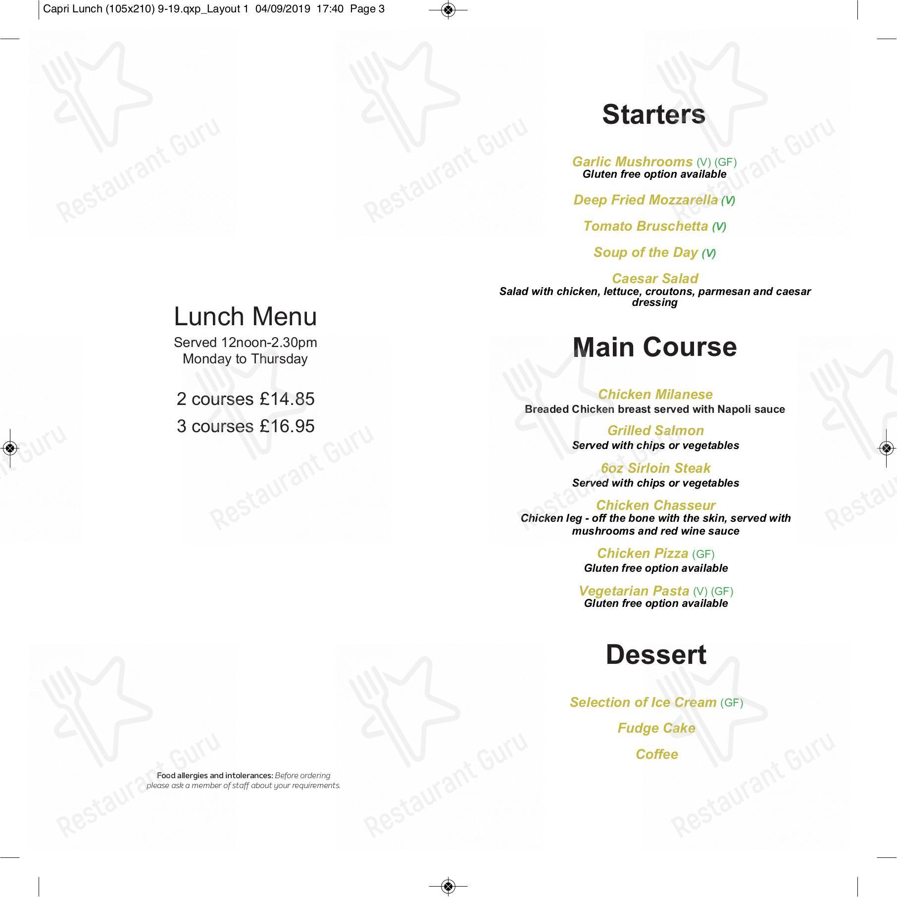 Menu at Capri @ The Vine restaurant, Wakefield