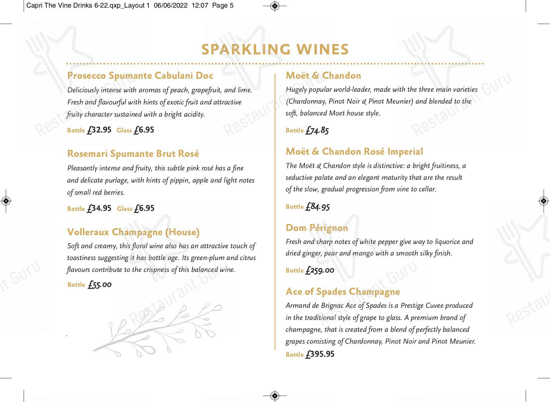 Carta del restaurante Capri @ The Vine, Wakefield