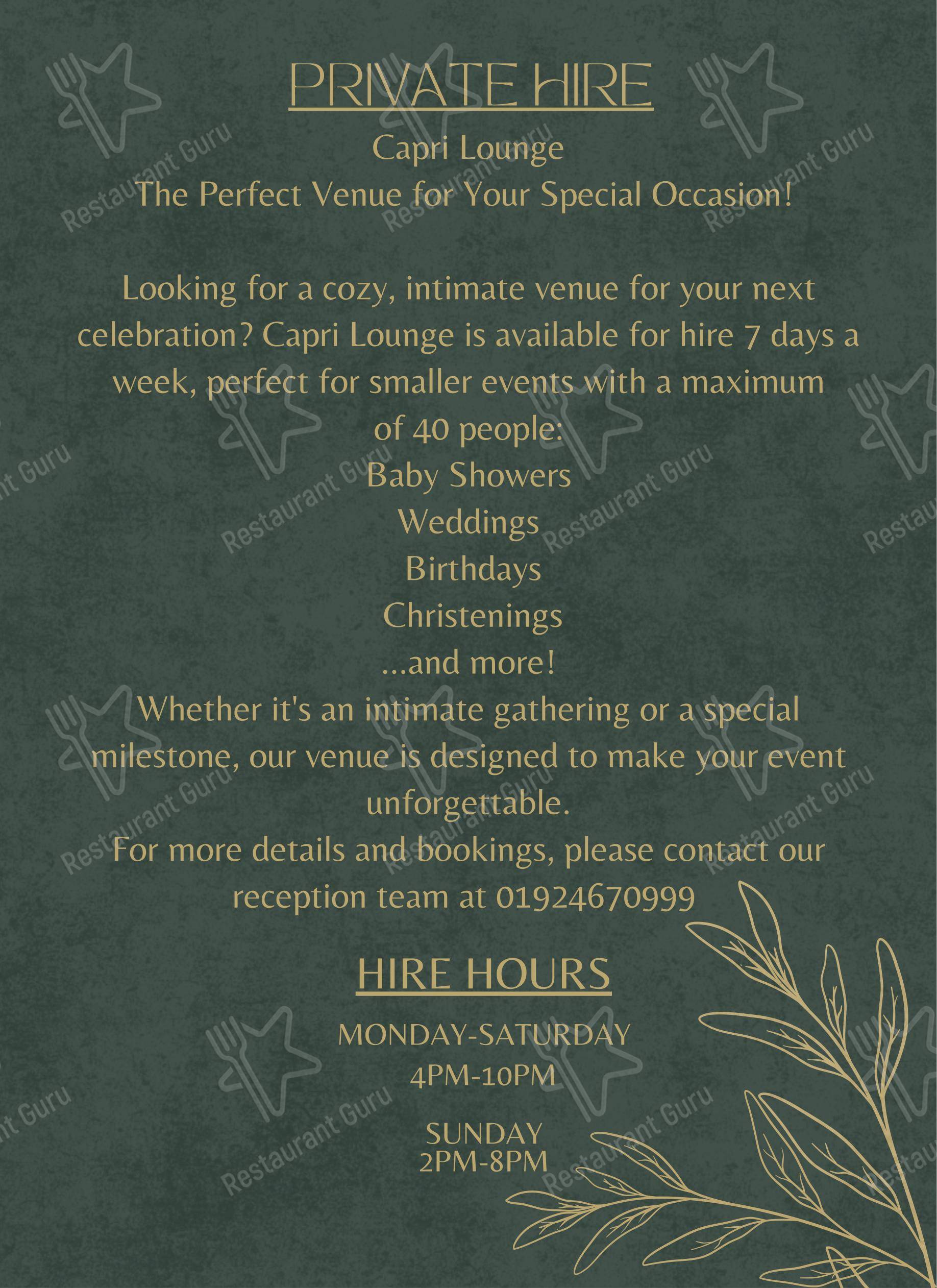 Menu at Capri @ The Vine restaurant, Wakefield