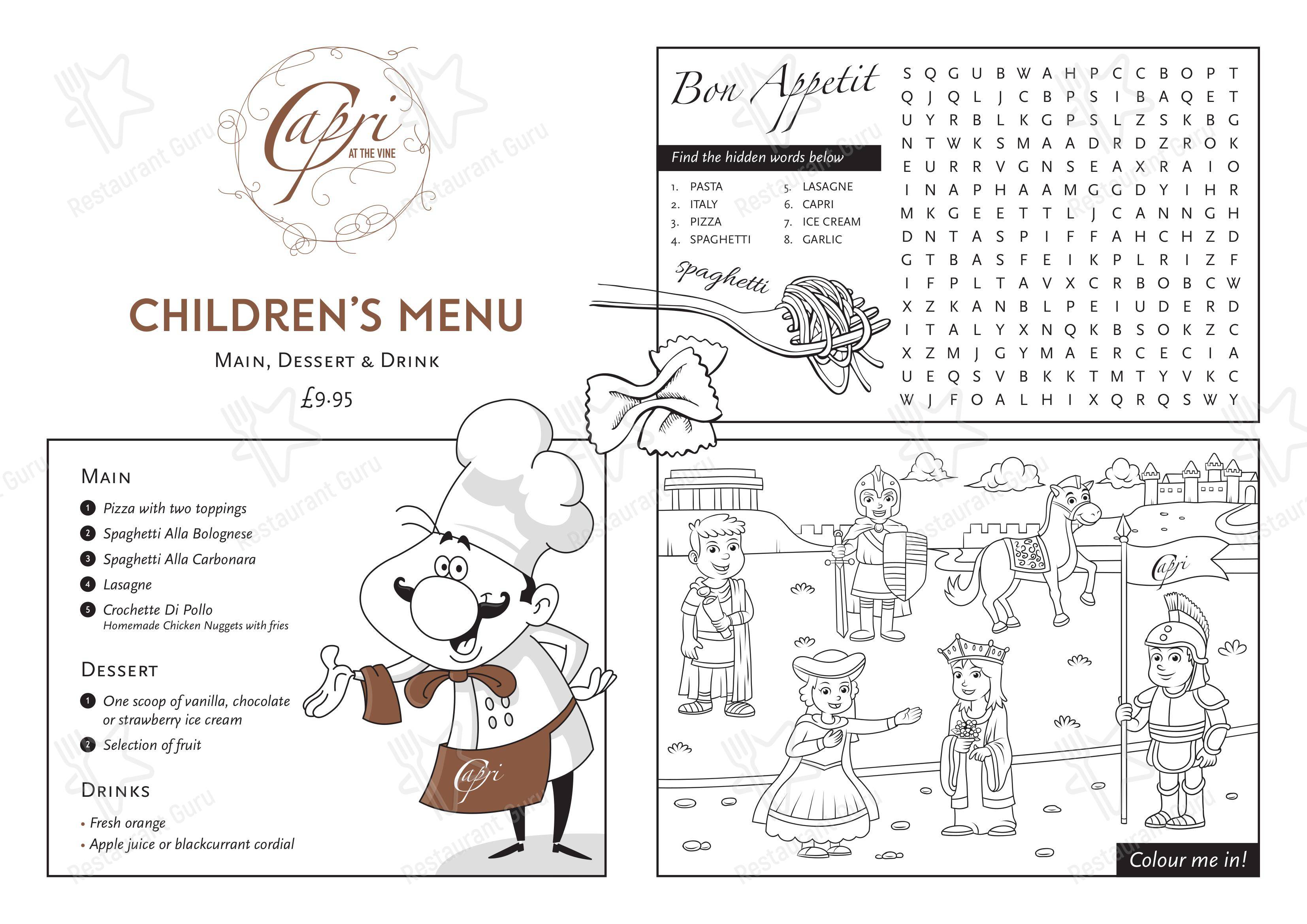 Menu at Capri @ The Vine restaurant, Wakefield