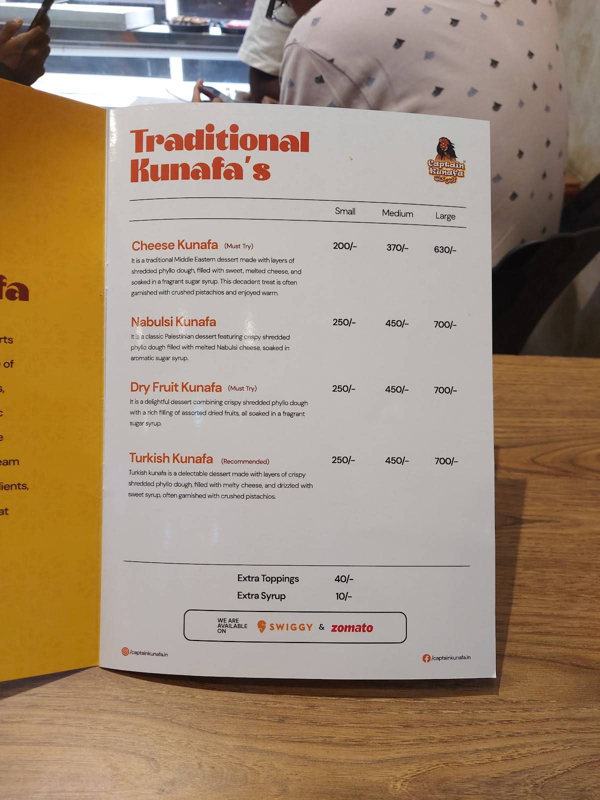 Menu at Captain Kunafa, Hyderabad, beside Sahifa Masjid Road