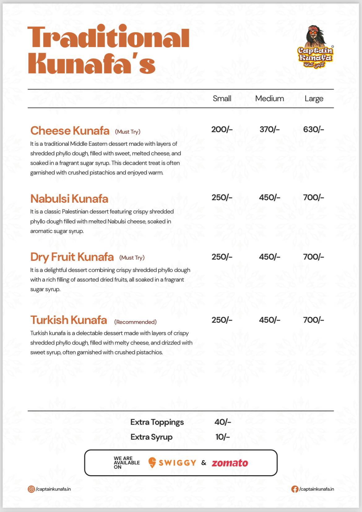 Menu at Captain Kunafa, Hyderabad, beside Sahifa Masjid Road