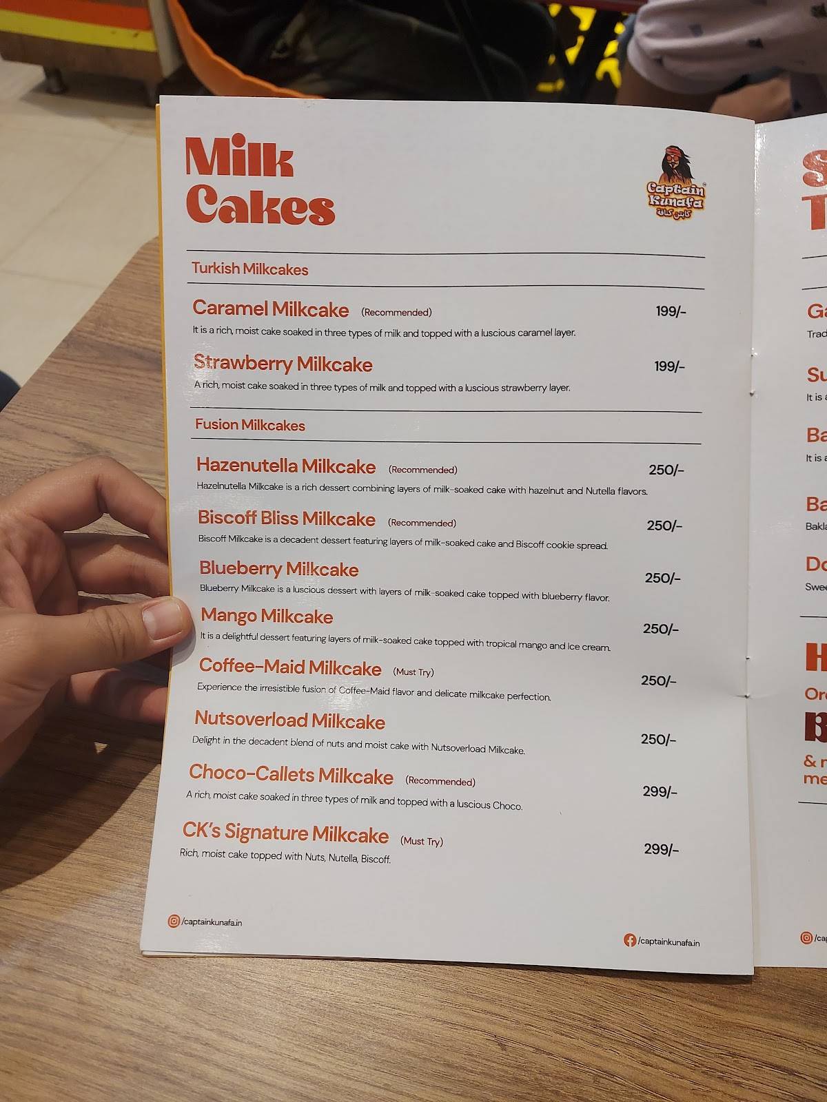 Menu at Captain Kunafa, Hyderabad, beside Sahifa Masjid Road