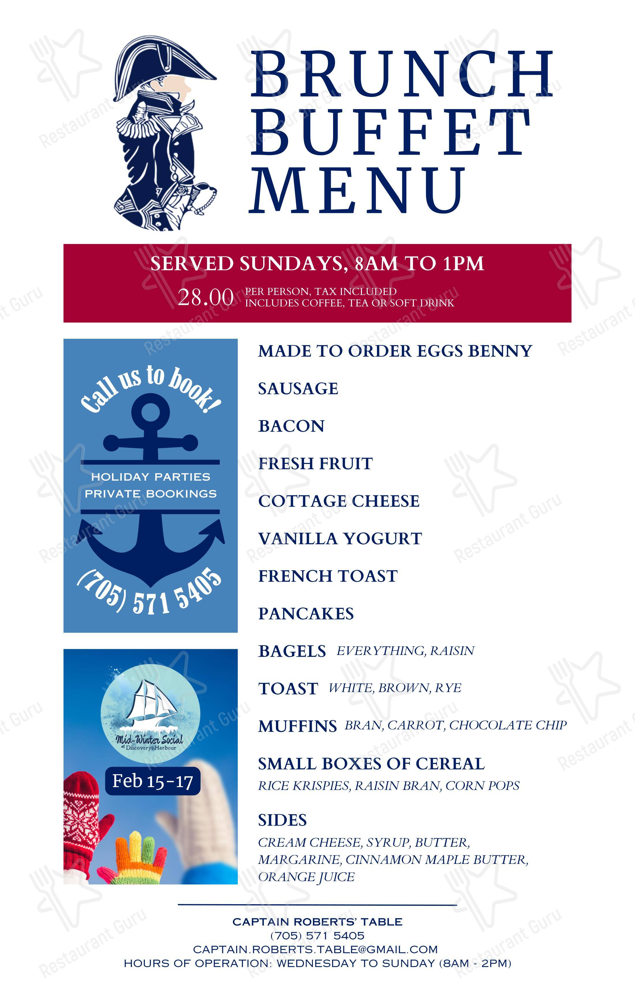 Menu at Captain Roberts' Table restaurant, Penetanguishene