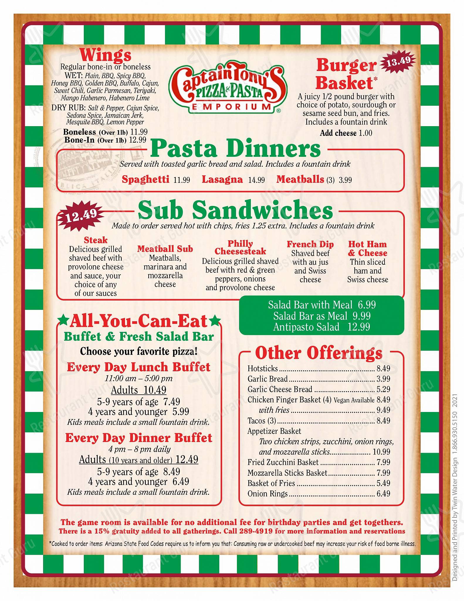 Carta de pizzería Captain Tony's Pizza, Winslow