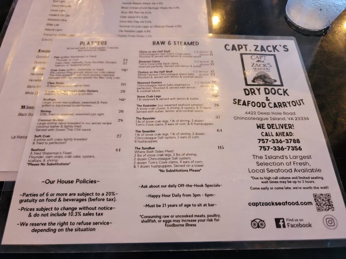 Menu at Captain Zack's Seafood restaurant, Chincoteague Island
