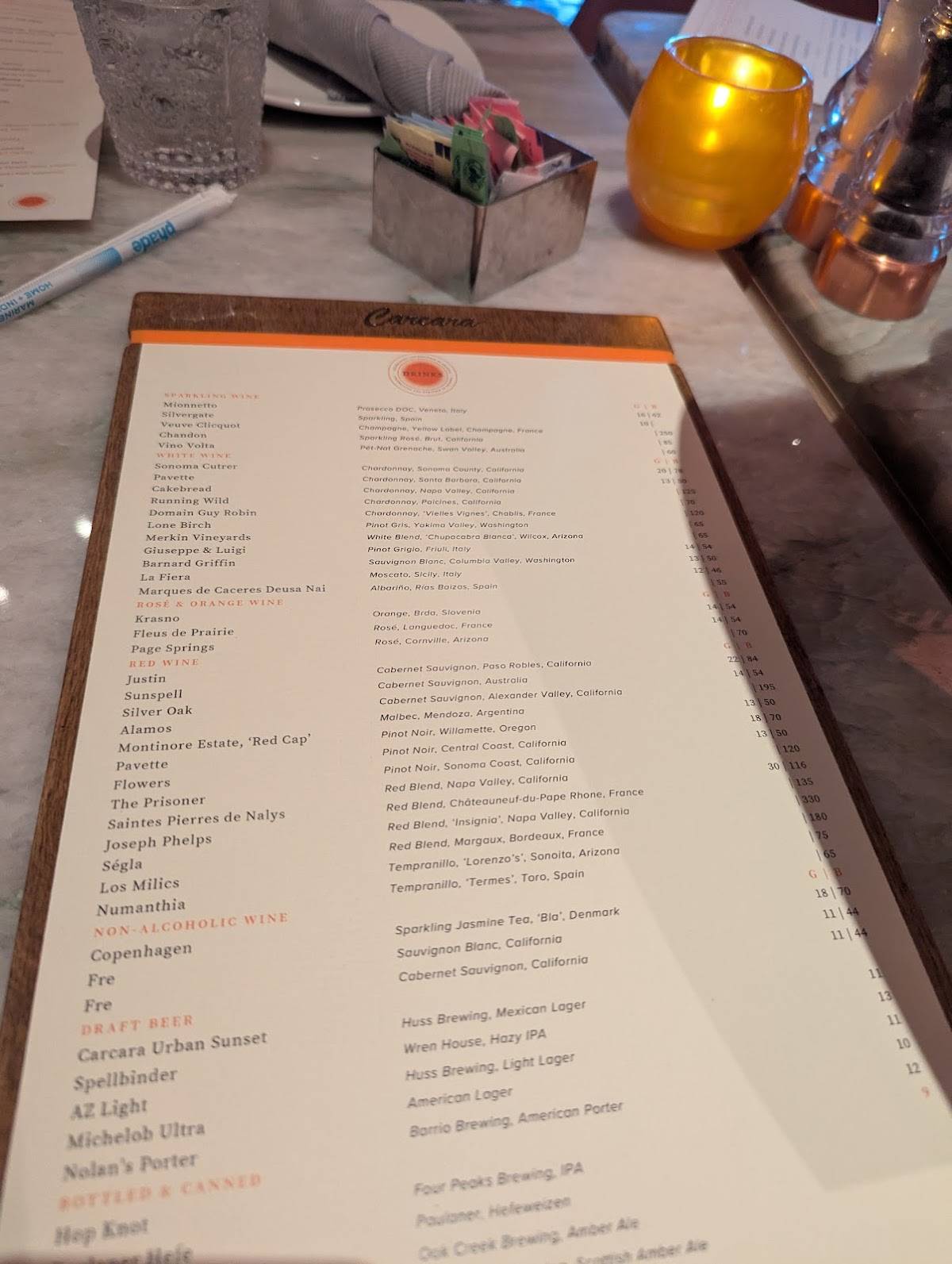 Menu at Carcara restaurant, Phoenix