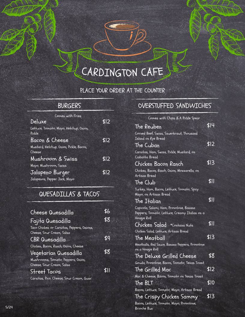 Menu at Cardington Cafe, Cardington