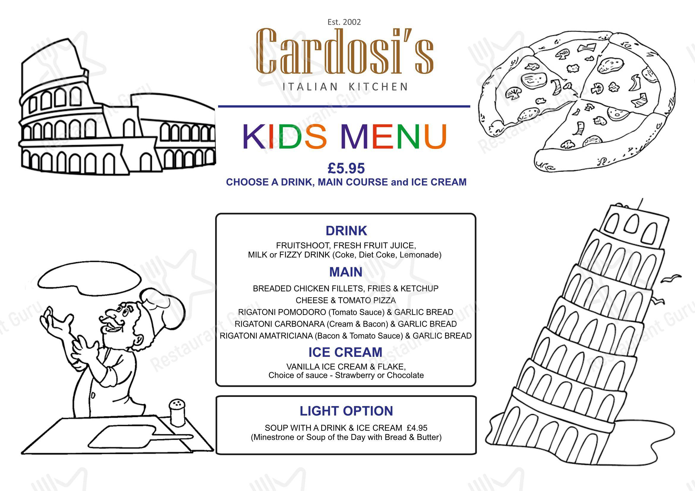 Menu at Cardosi's restaurant, Paisley, 4 Storie St