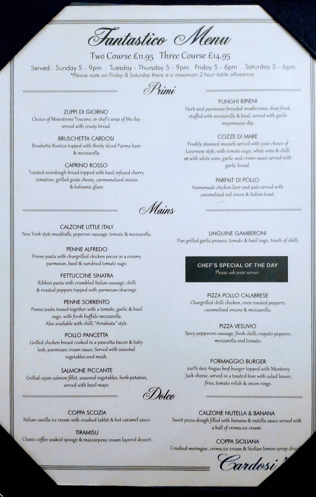 Menu at Cardosi's restaurant, Paisley, 4 Storie St