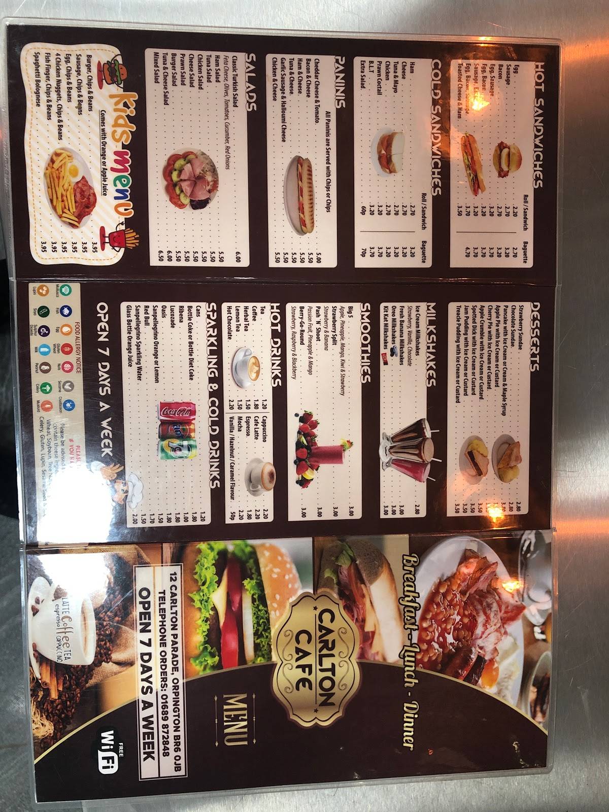 Menu at Carlton cafe, Orpington