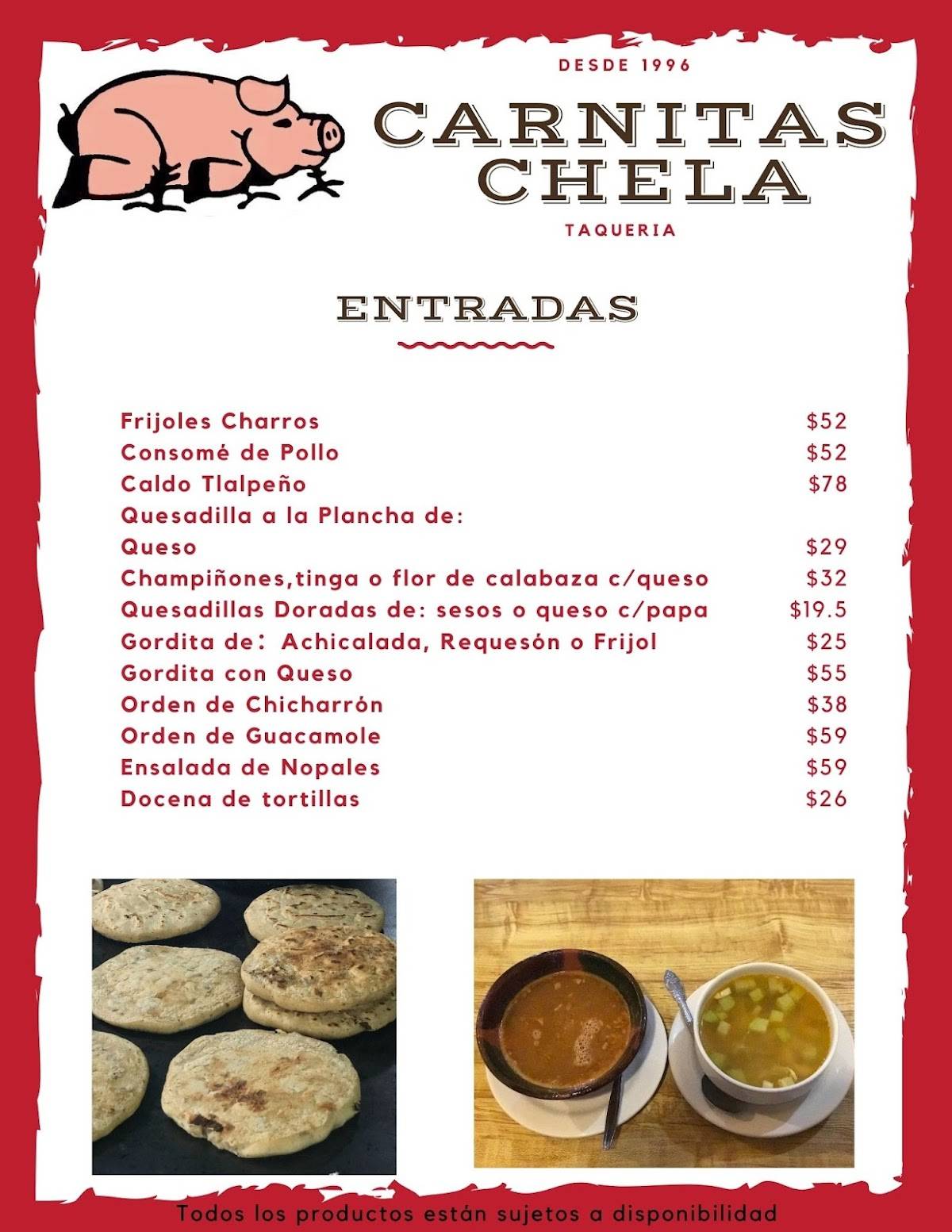 Carta del restaurante Carnitas Chela, Ciudad del México, Calz. del Hueso 1046