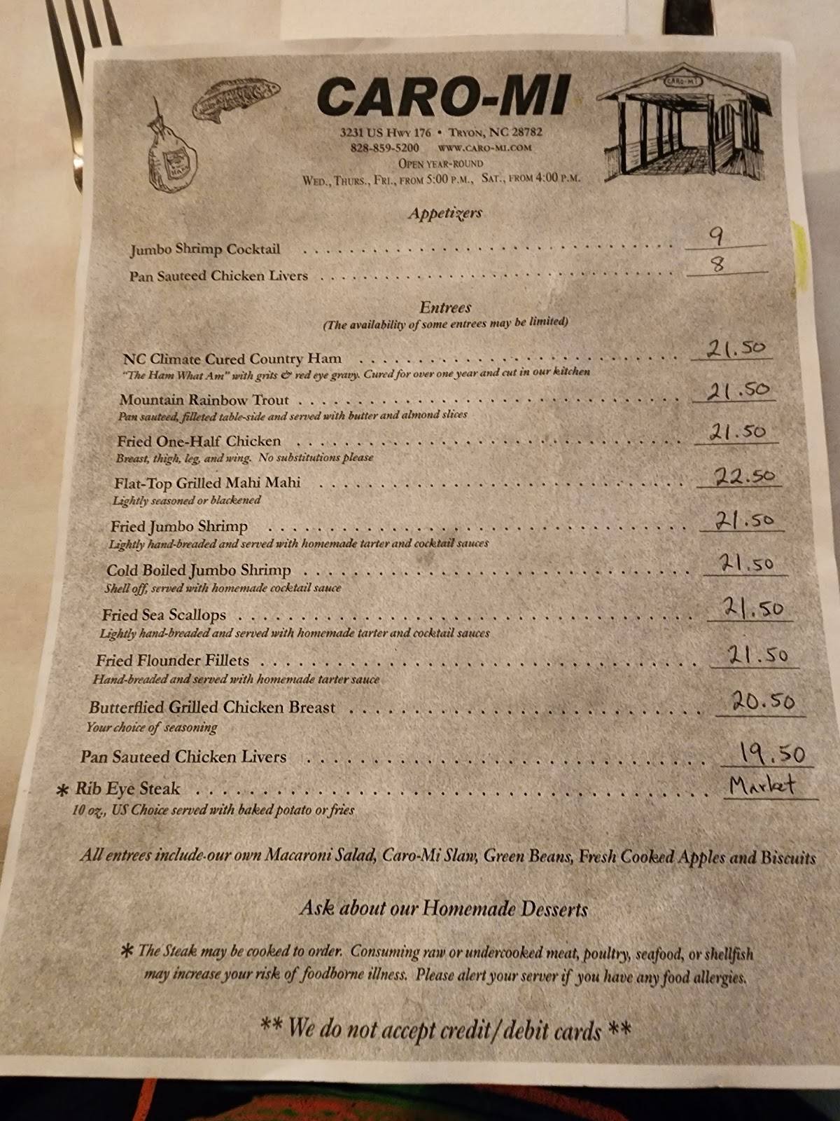Menu at CARO-Mi Dining Room restaurant, USA