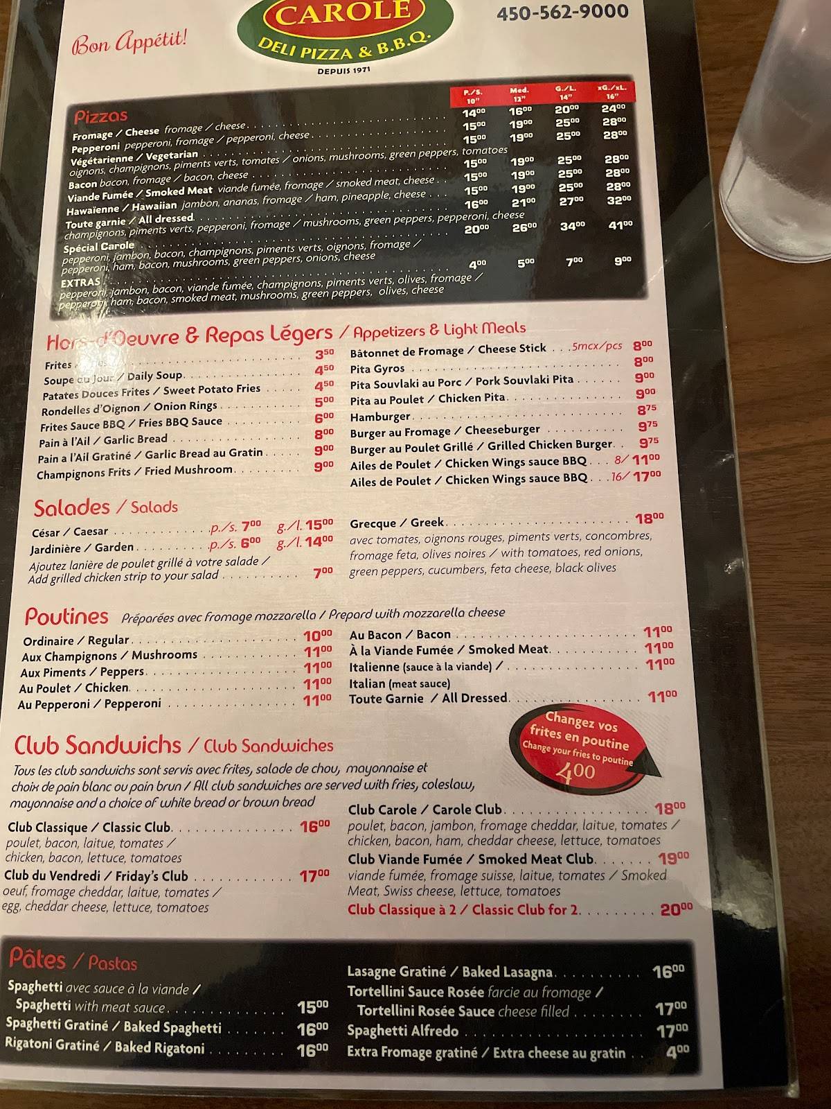 Menu at Restaurant Carole, Lachute