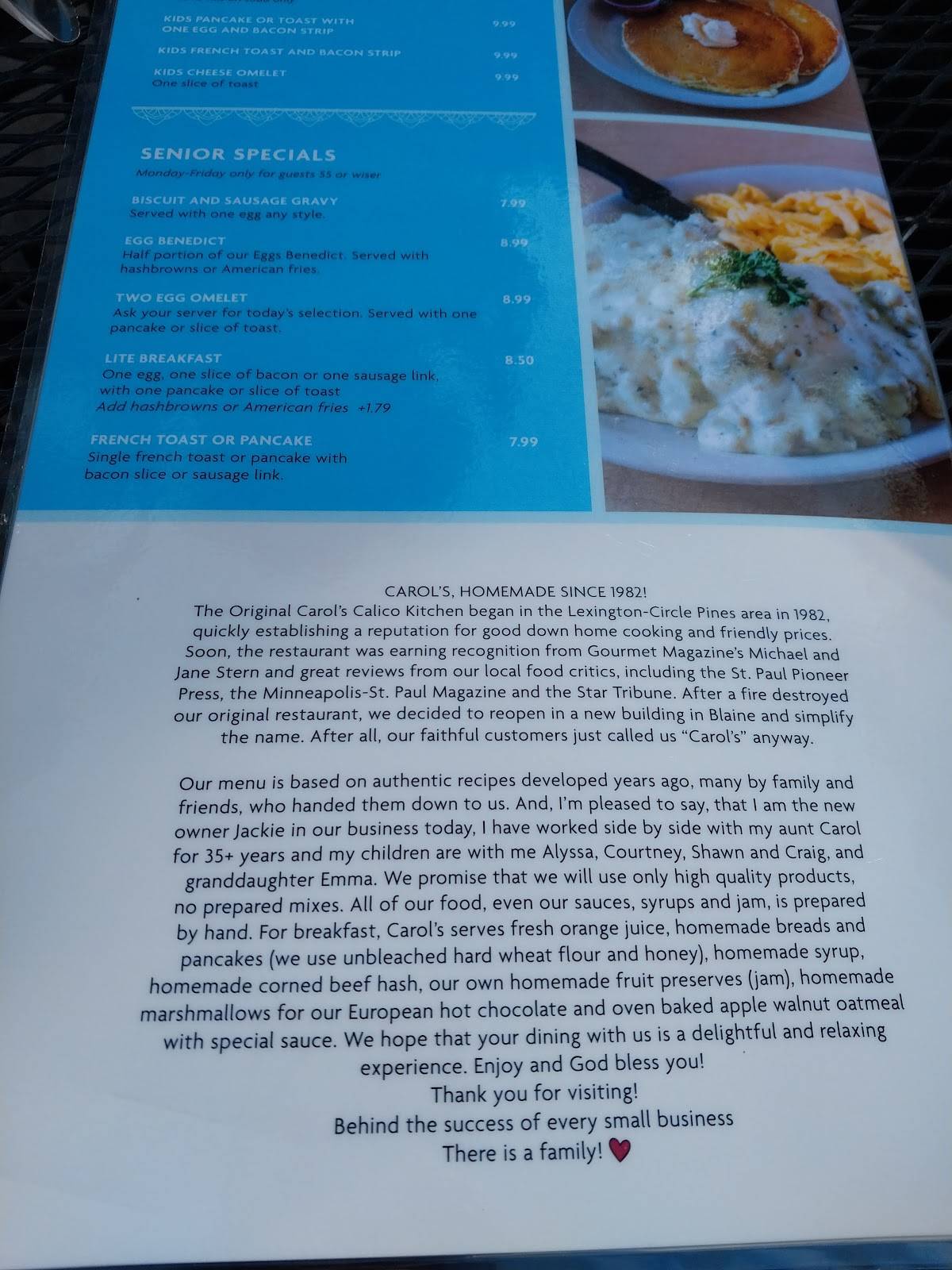Menu at Carol's restaurant, Blaine, Aberdeen St NE