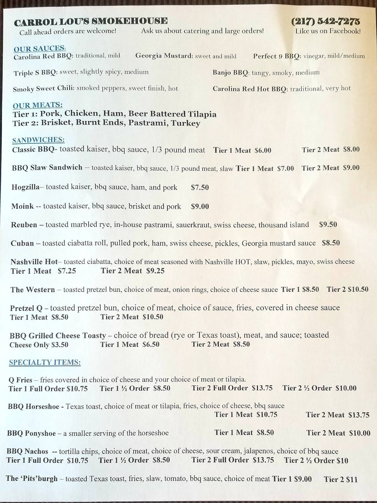 Menu at Carrol Lou's Smokehouse restaurant, Decatur