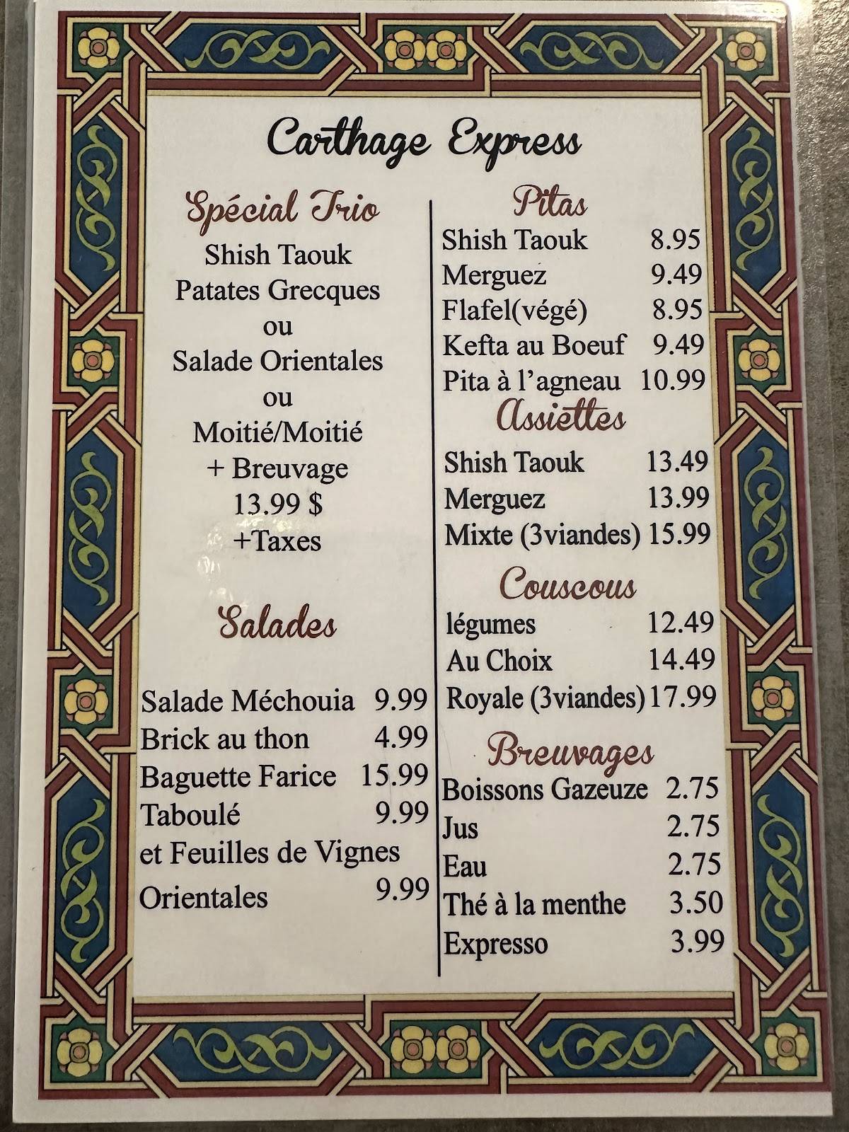 Menu at Carthage Express restaurant, Québec City