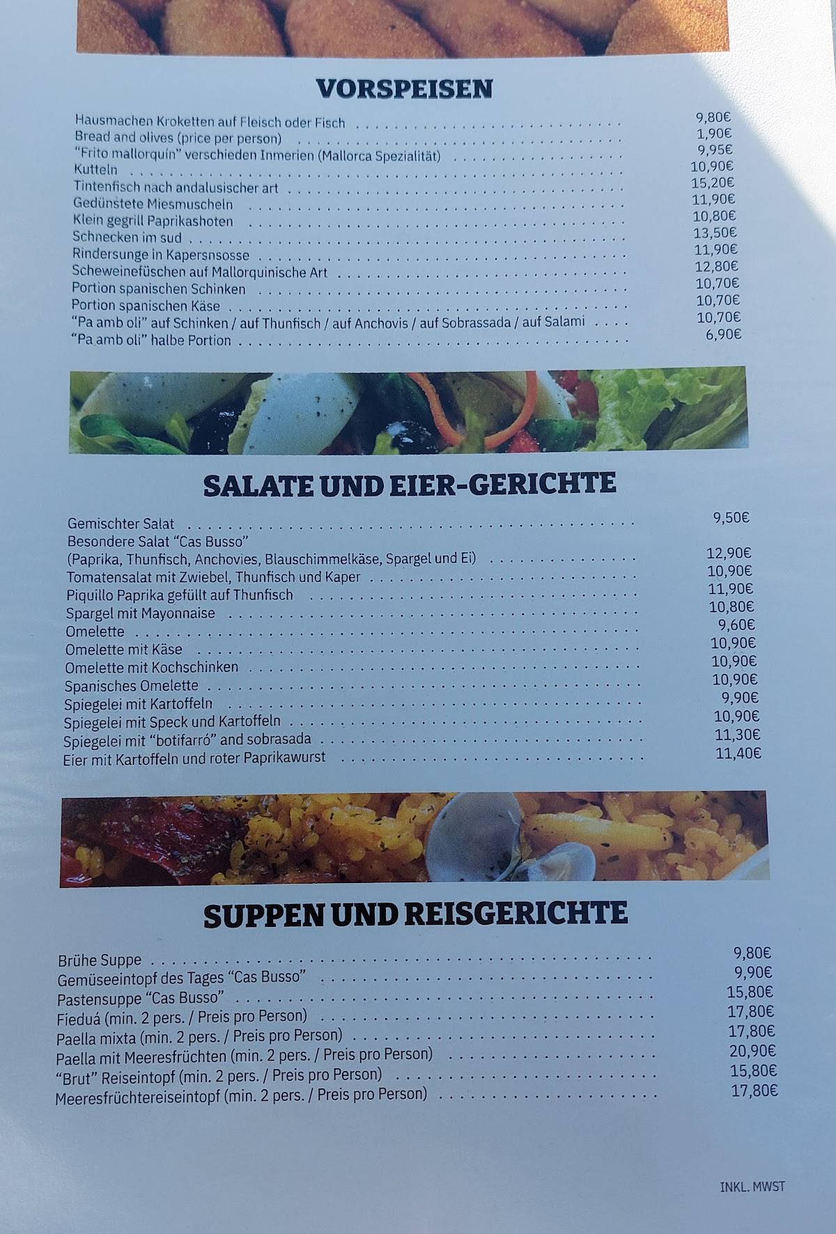 Carta del restaurante Cas Busso, Lluchmayor