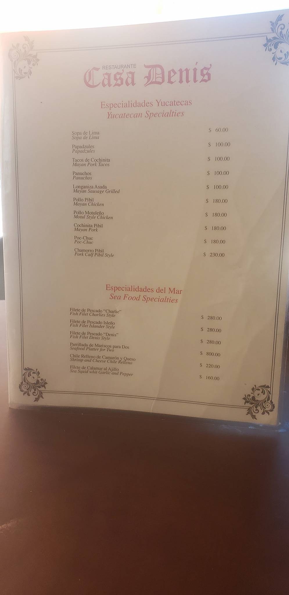 Menu at Casa Denis restaurant, San Miguel de Cozumel, C. 1 Sur No. 132