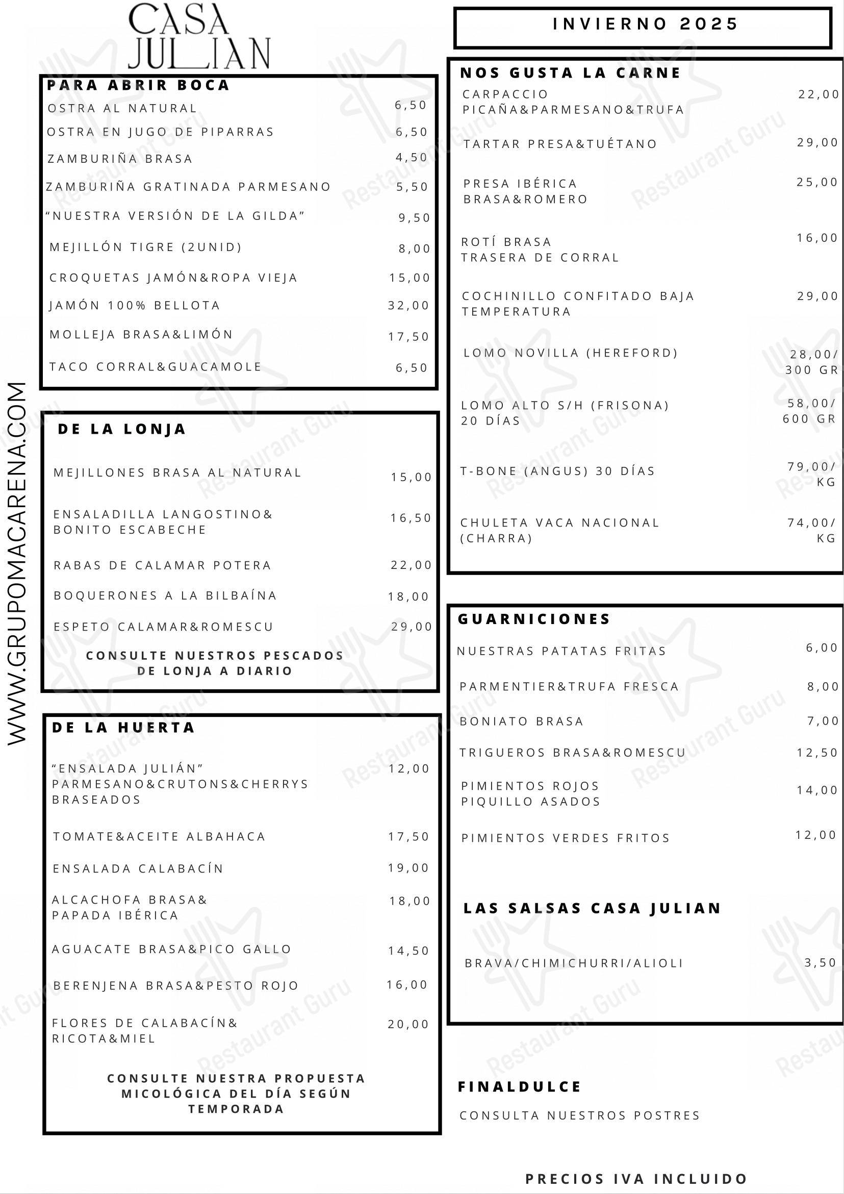 Menu at Casa Julián Restaurante Barrio Salamanca, Madrid, Calle de Don ...