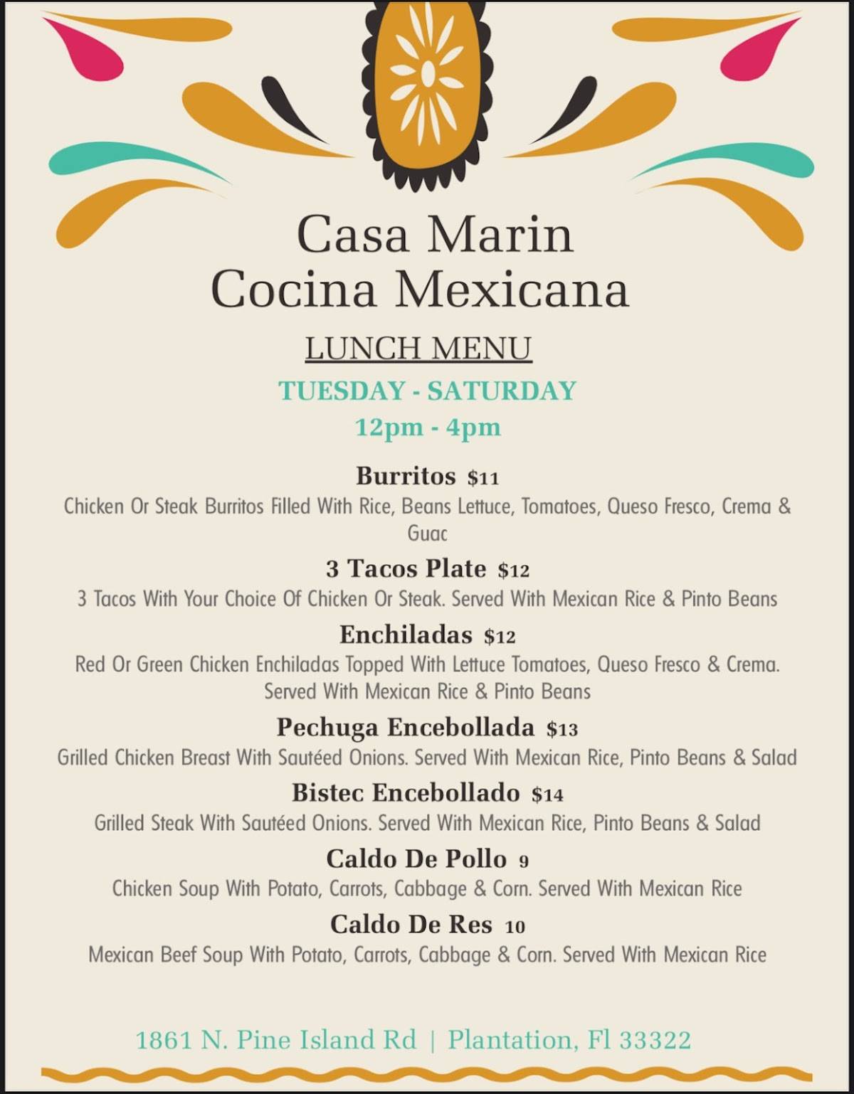 Menu at Casa Marin Cocina Mexicana restaurant, Plantation