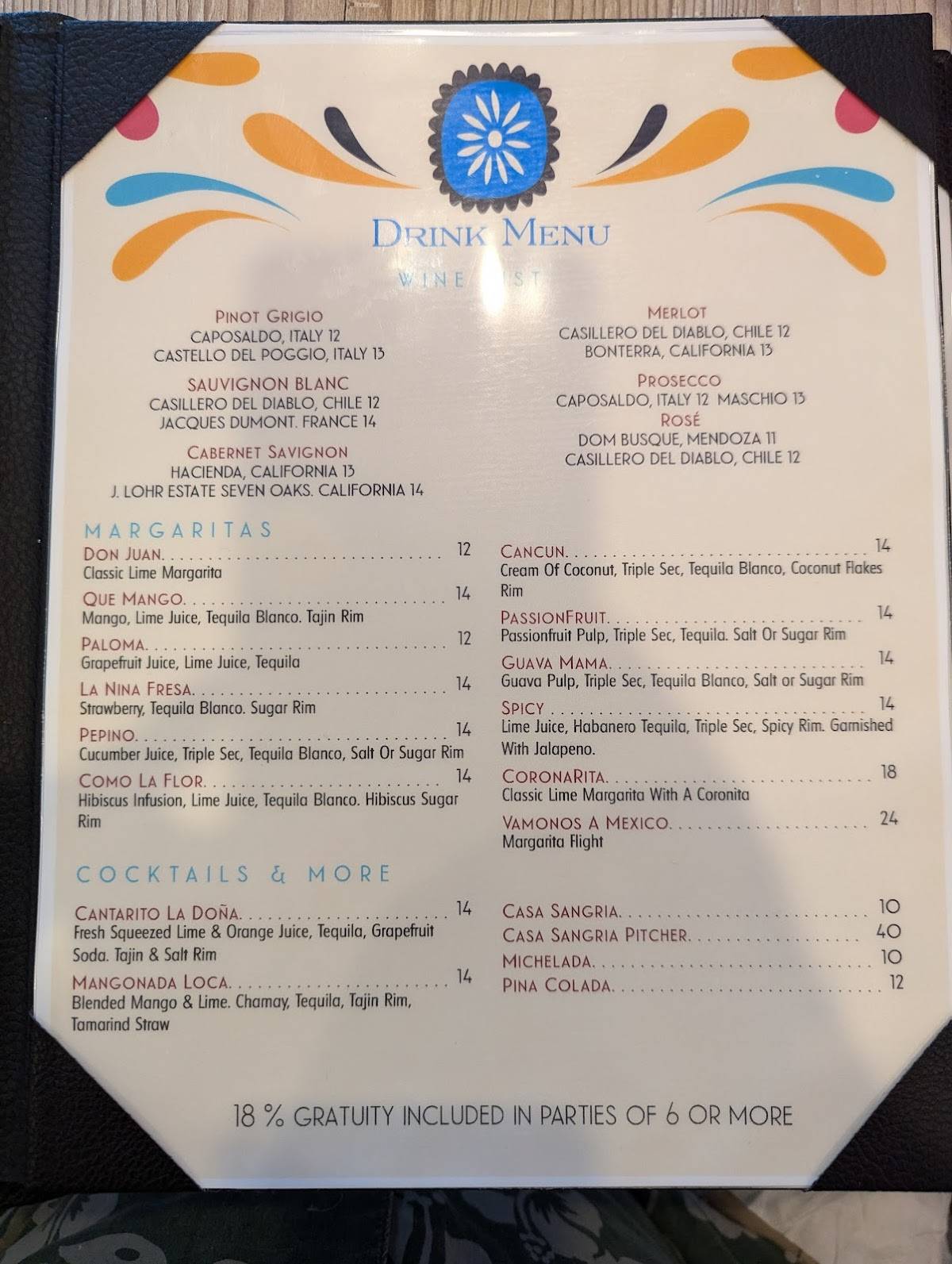 Menu at Casa Marin Cocina Mexicana restaurant, Plantation
