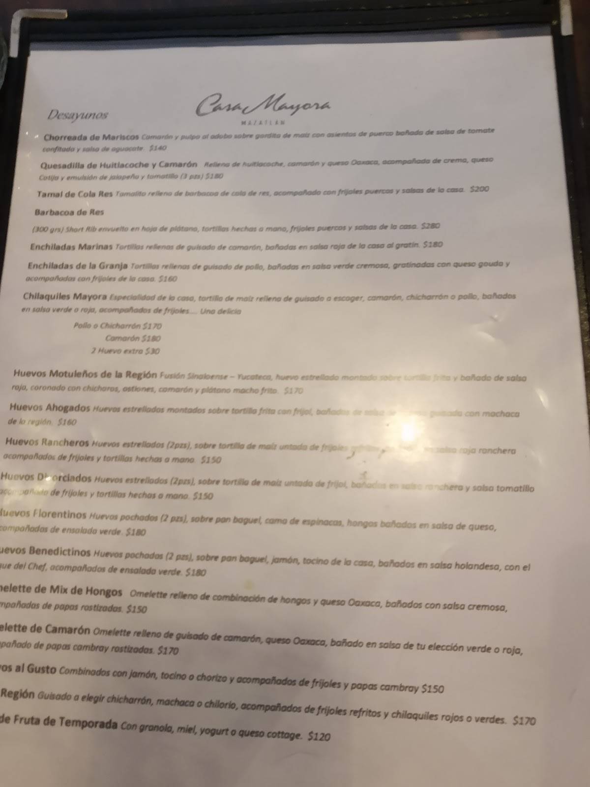 Carta del restaurante Casa Mayora Mazatlán, Mazatlán
