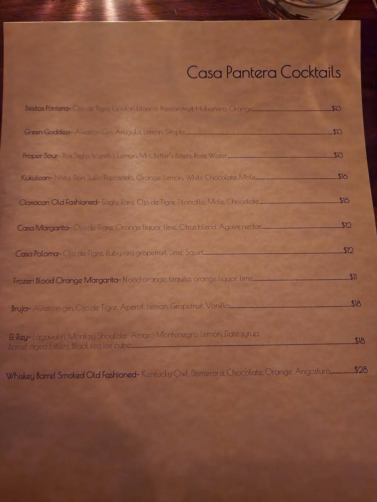 Menu at Casa Pantera pub & bar, El Paso