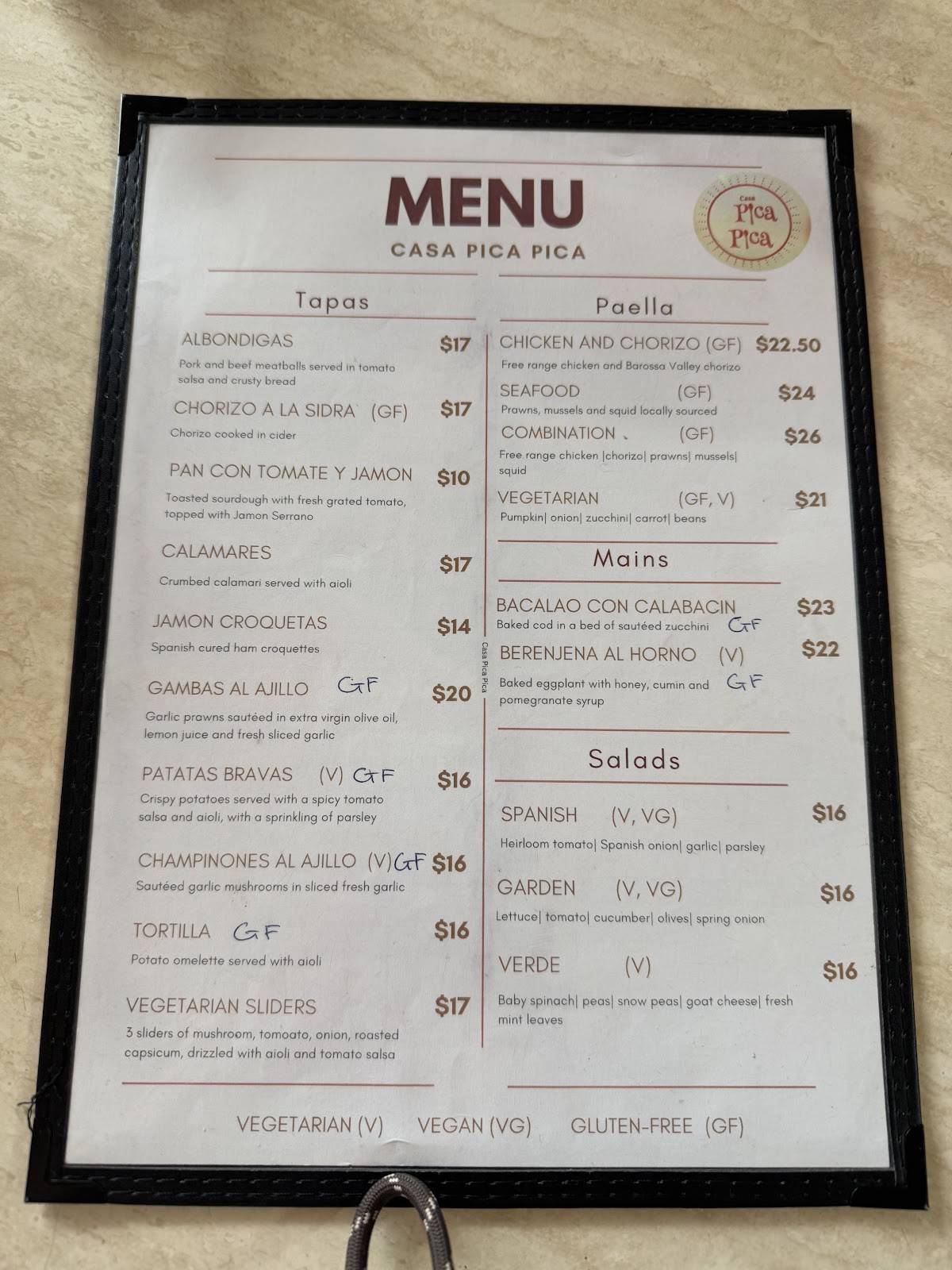 Menu at Casa Pica Pica restaurant, Felixstow