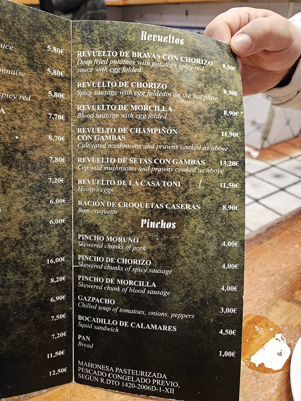 Menu at Casa Toni pub & bar, Madrid