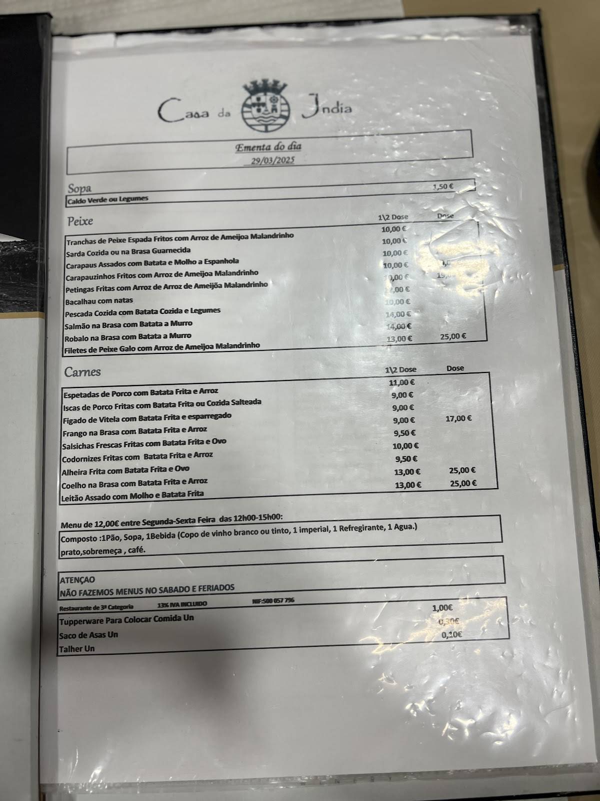 Menu at Casa da Índia restaurant, Lisbon