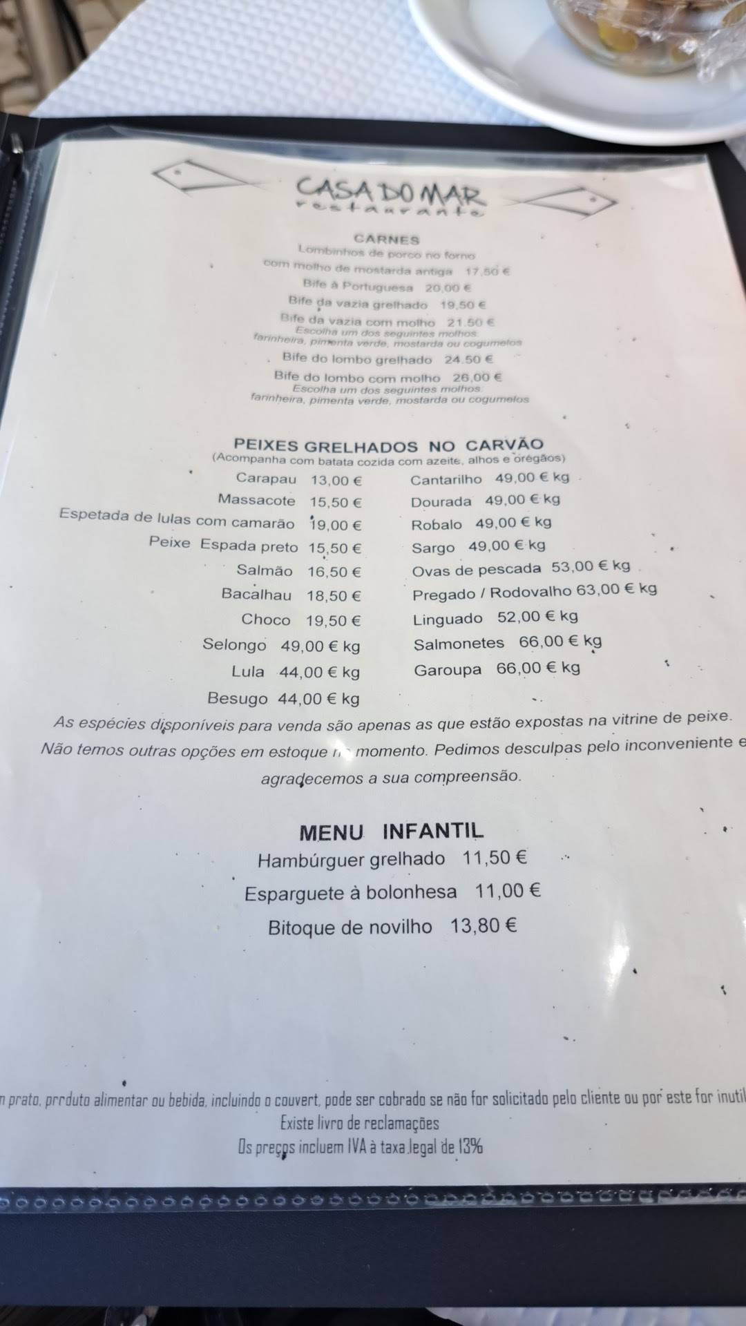 Menu em Casa do Mar restaurante, Setúbal