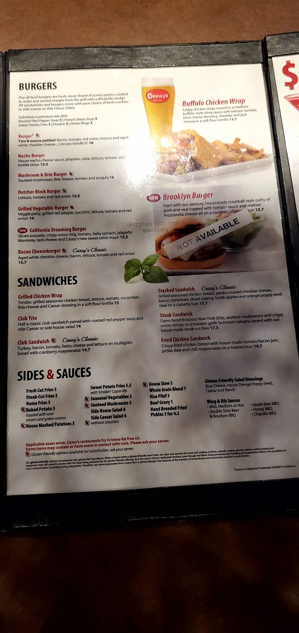 Menu at Casey’s Grill Bar, Timmins
