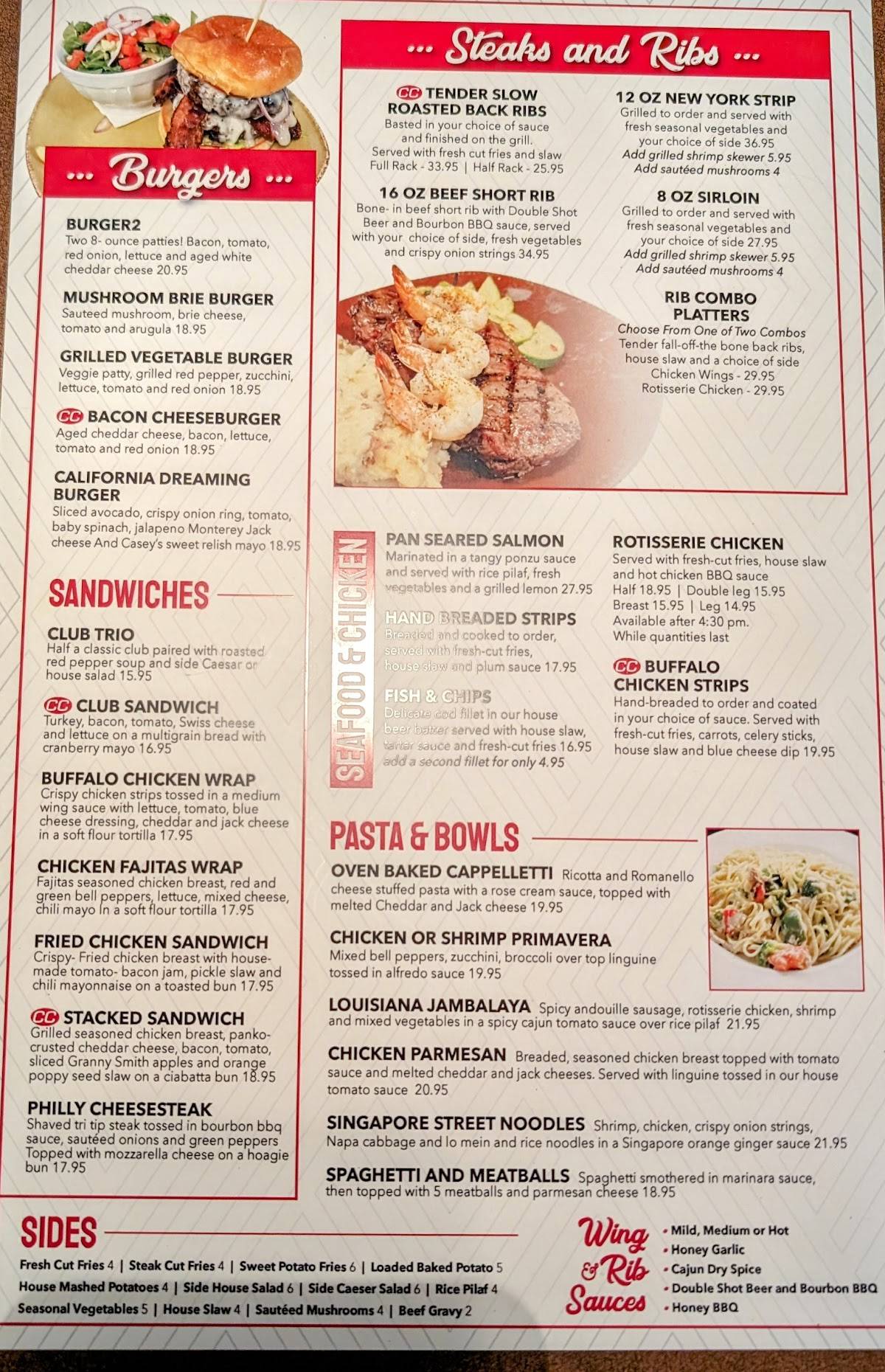 Menu at Casey’s Grill Bar, Timmins