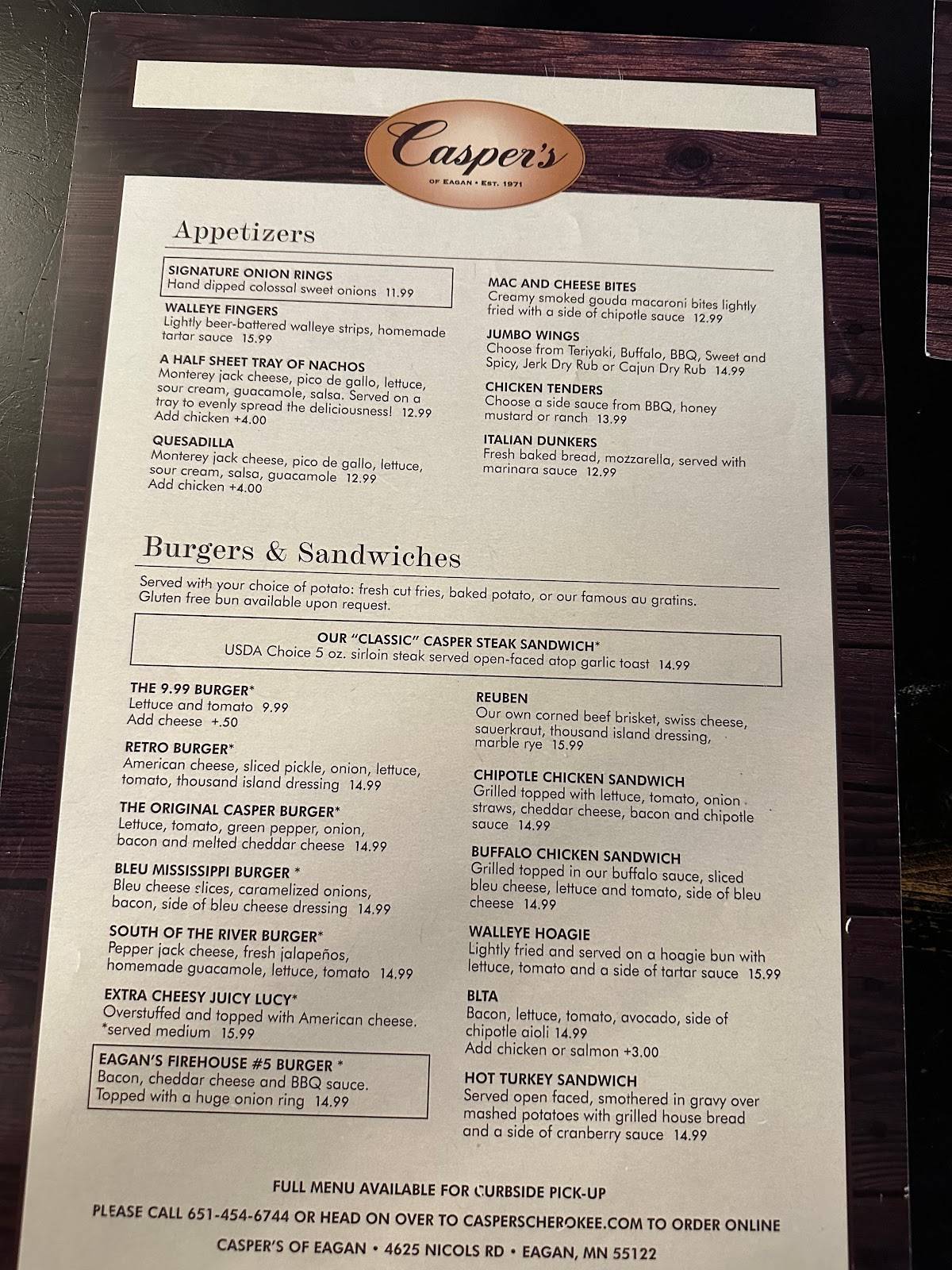 Menu at Casper's Cherokee of Eagan pub & bar, Eagan