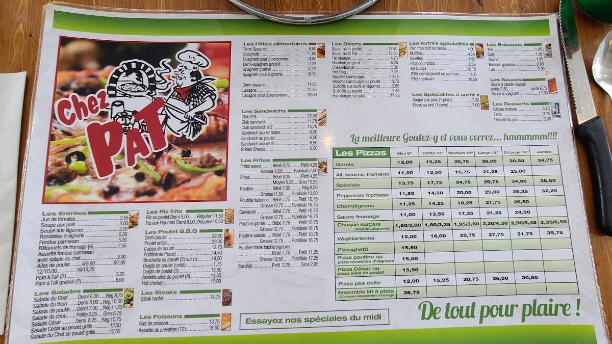 Menu au Restaurant Chez Pat Disraeli, Disraeli