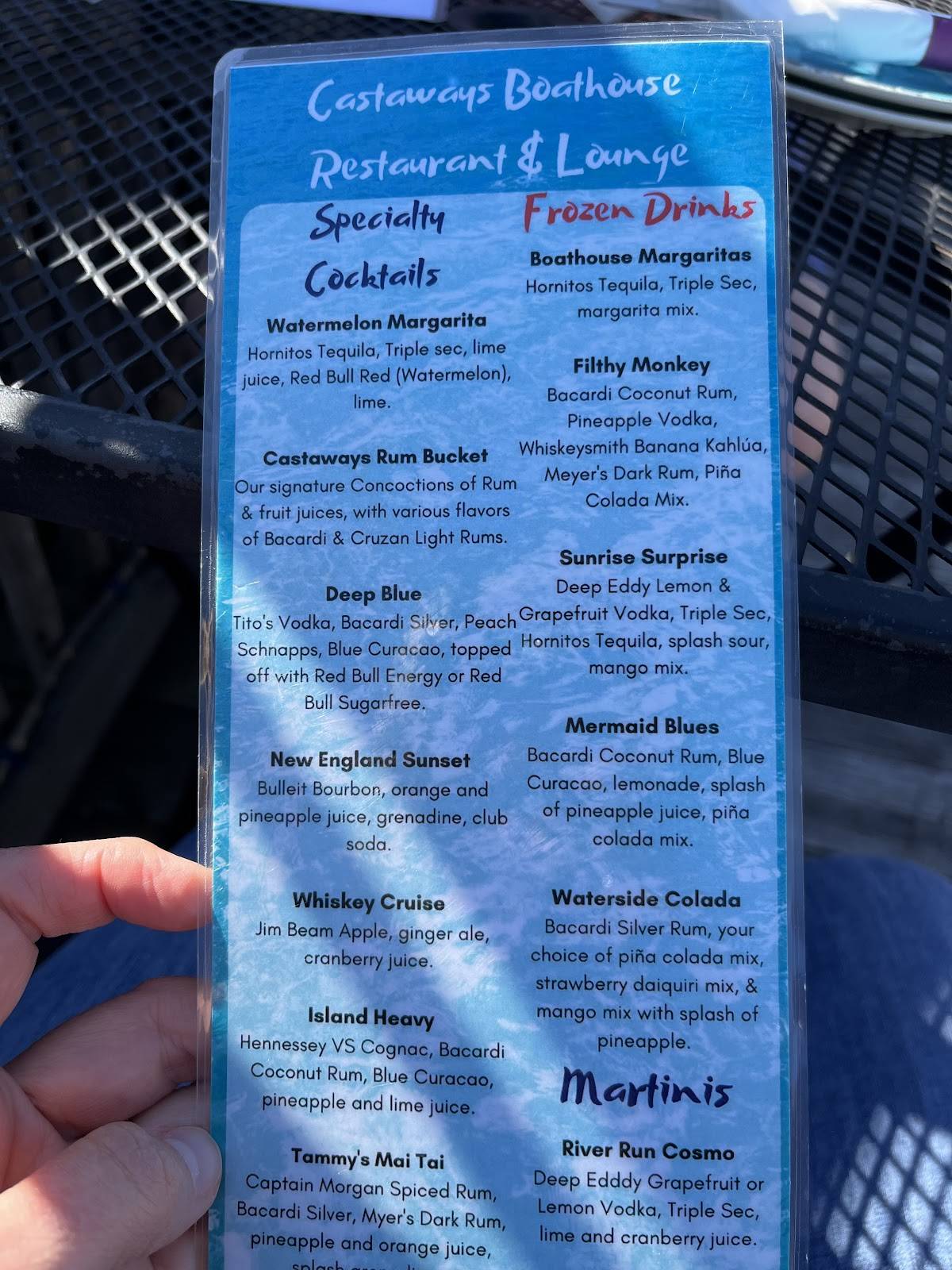Menu at Castaways Boathouse restaurant, Dover