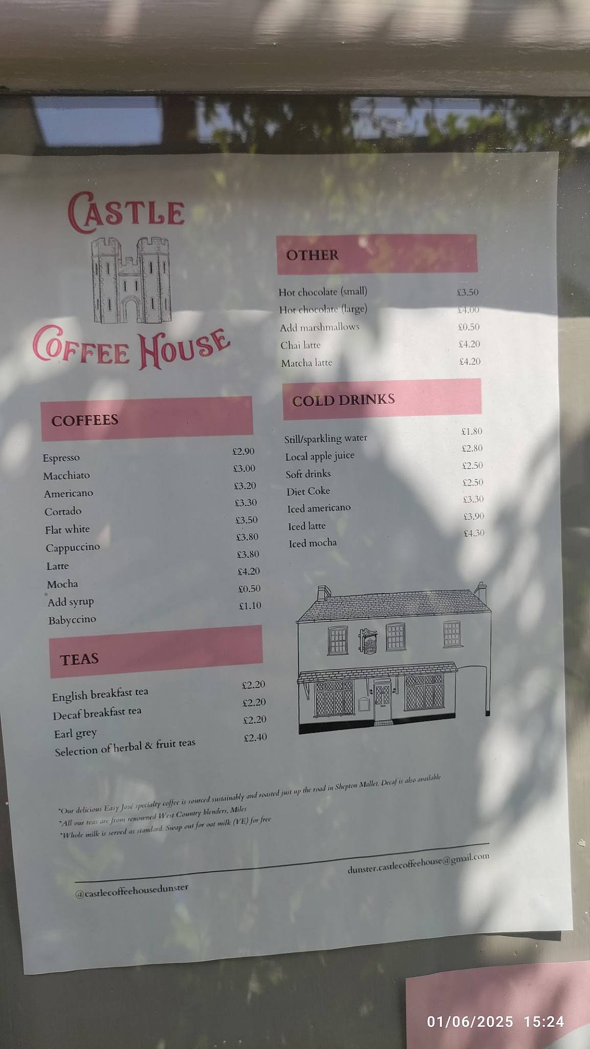 Menu at Castle Coffee House, Dunster