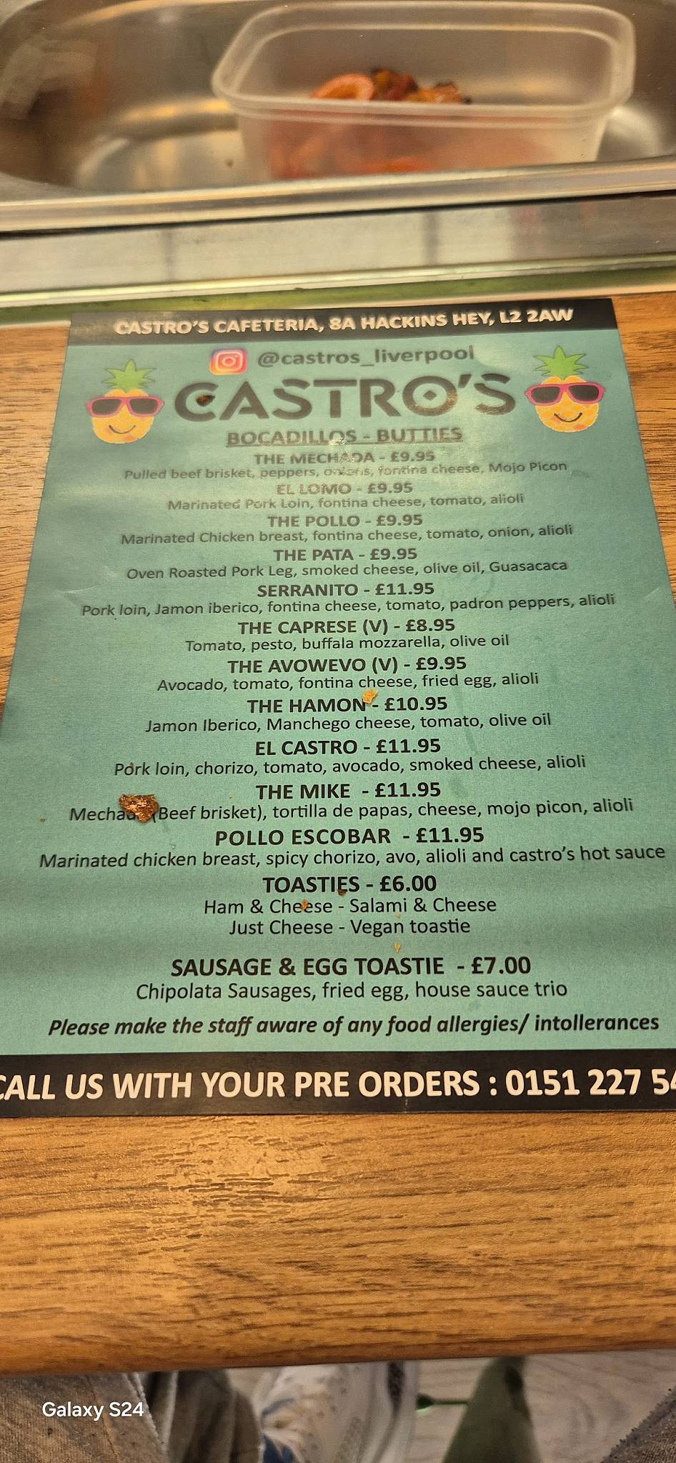 Menu at Castro's Cafeteria Liverpool, Liverpool