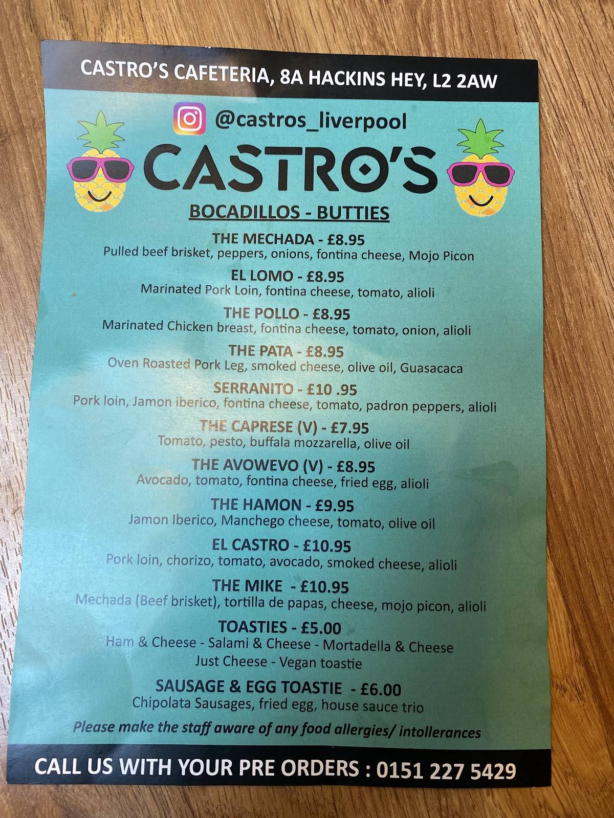 Menu at Castro's Cafeteria, Liverpool