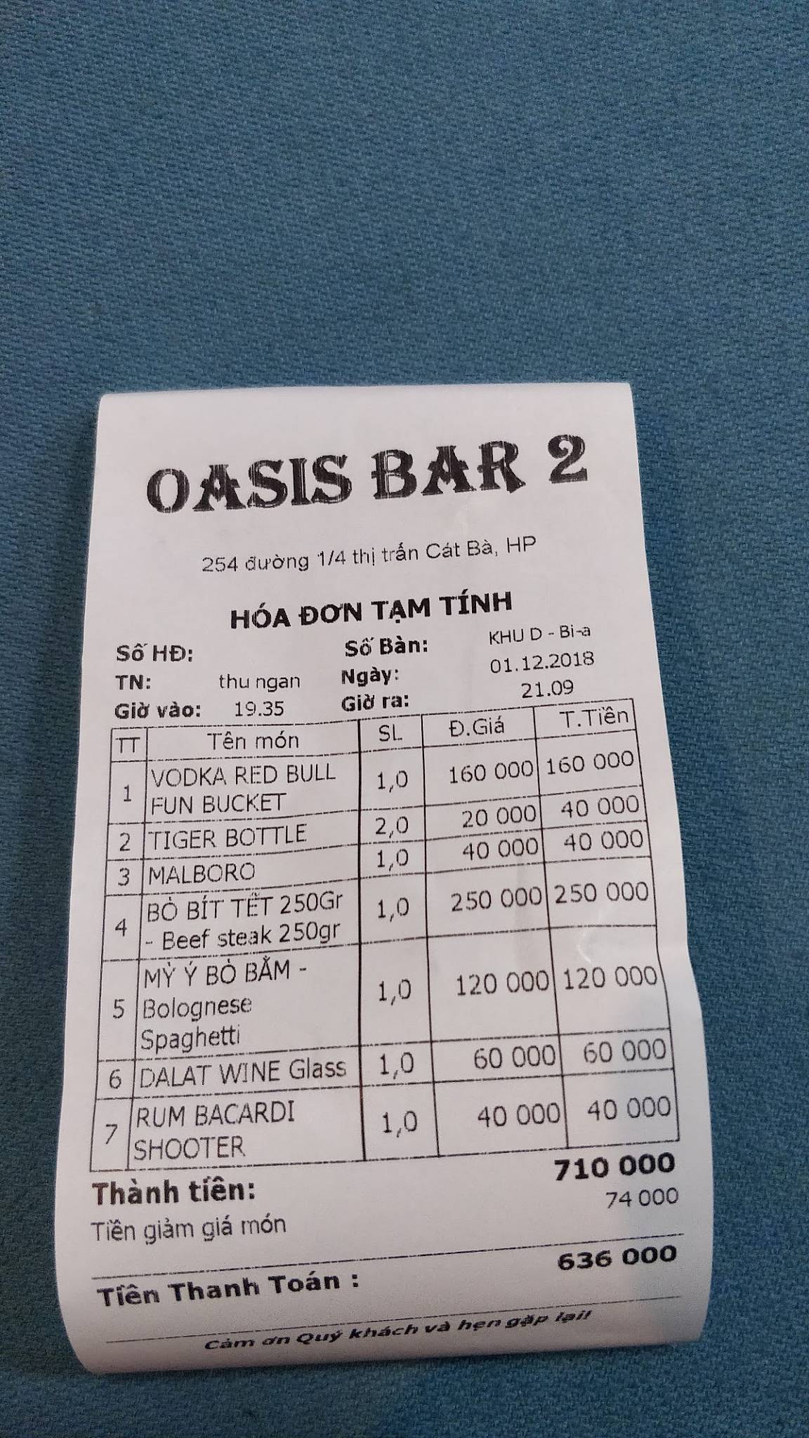 Menu at Cat Ba Oasis Bungalow & Restaurant., Vietnam, No.254 Đường 1/4