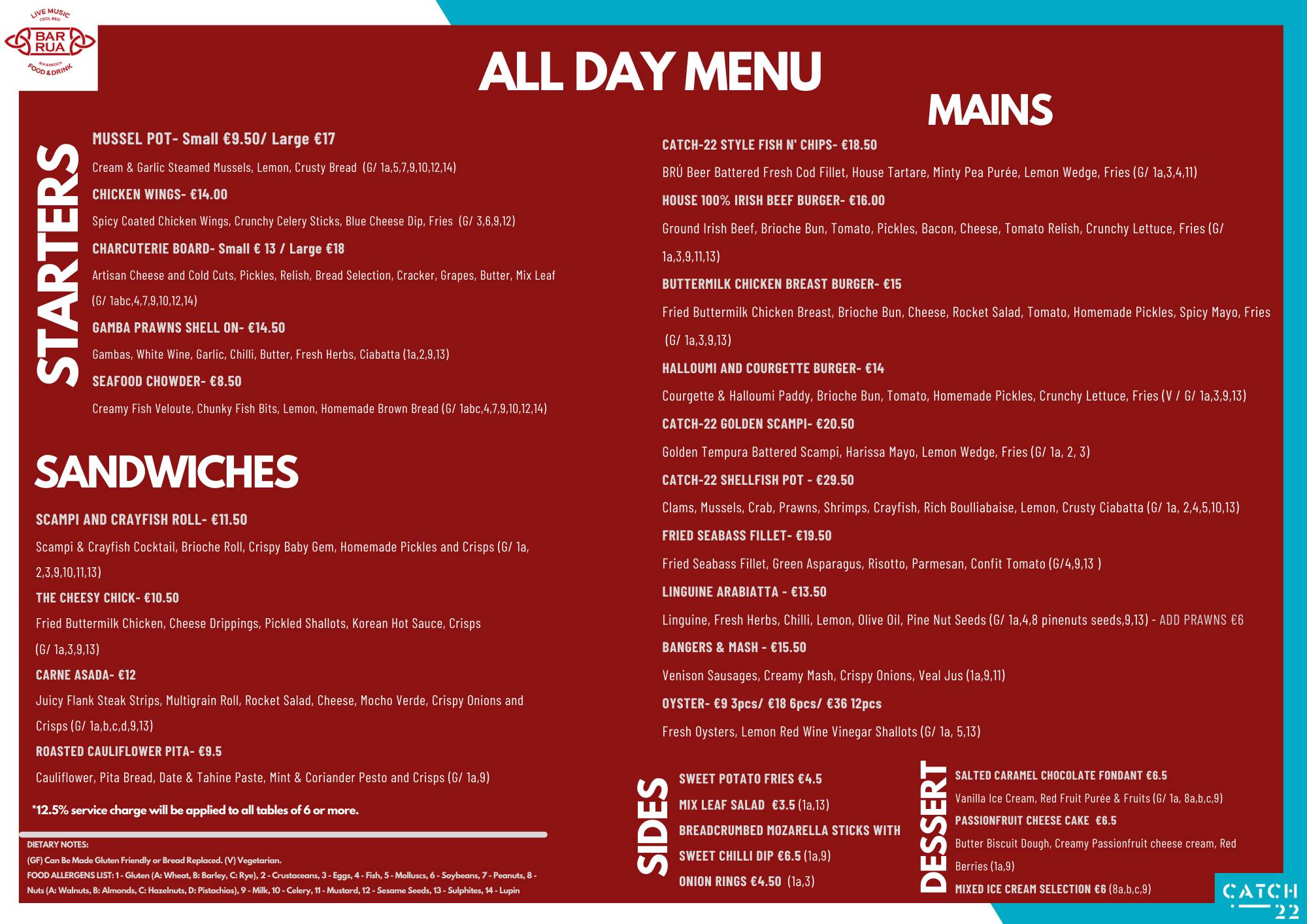 Menu at Catch-22 restaurant, Dublin, 32 Clarendon St