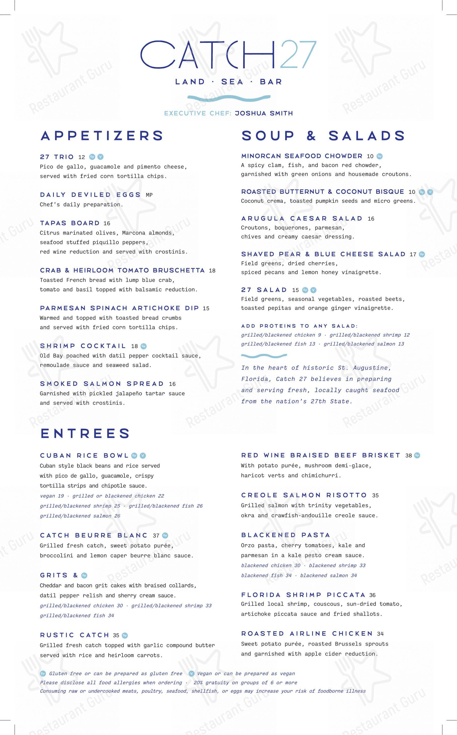 Menu at Catch 27 pub & bar, St. Augustine